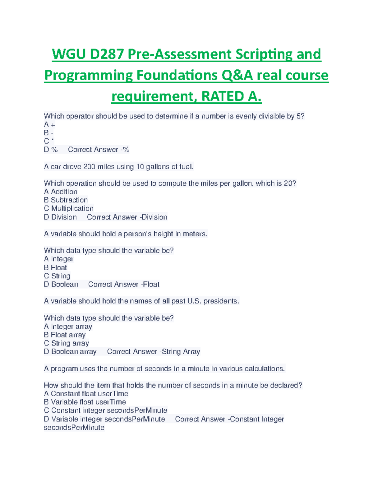 WGU D287 Pre-Assessment: Scripting & Programming Foundations Q&A - Studocu