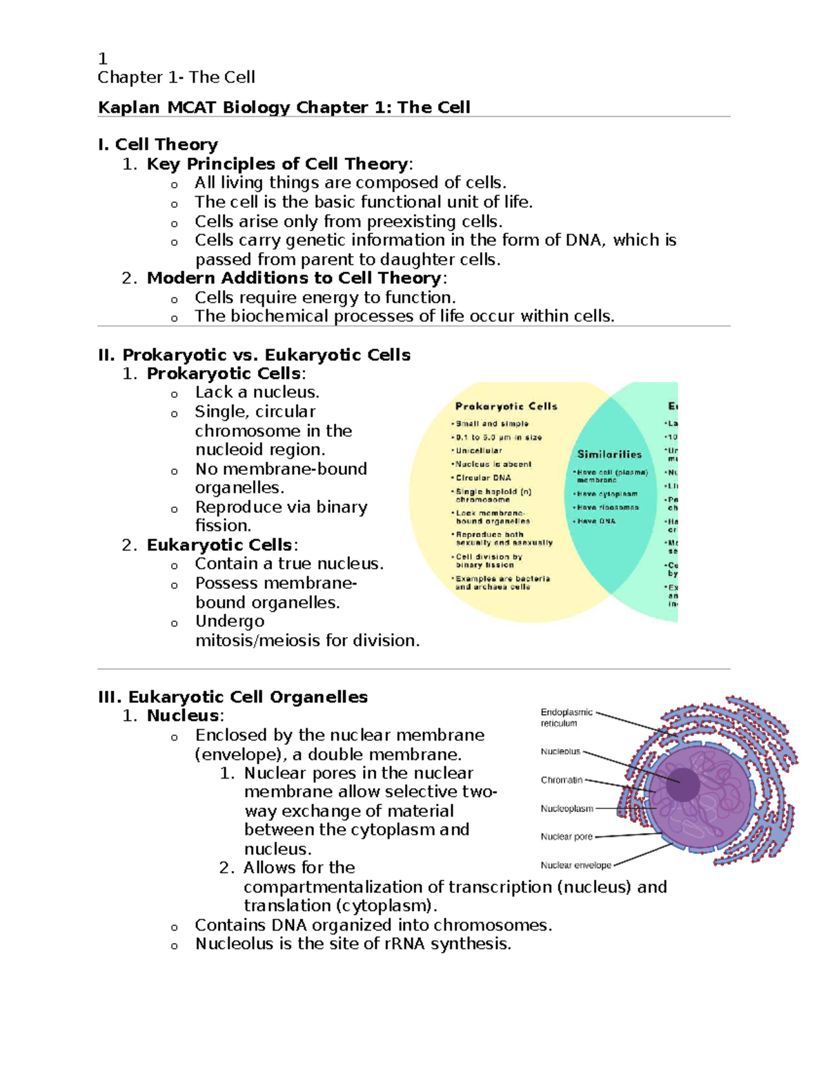 Chapter 1: The Cell - Kaplan MCAT Biology Notes - Studocu