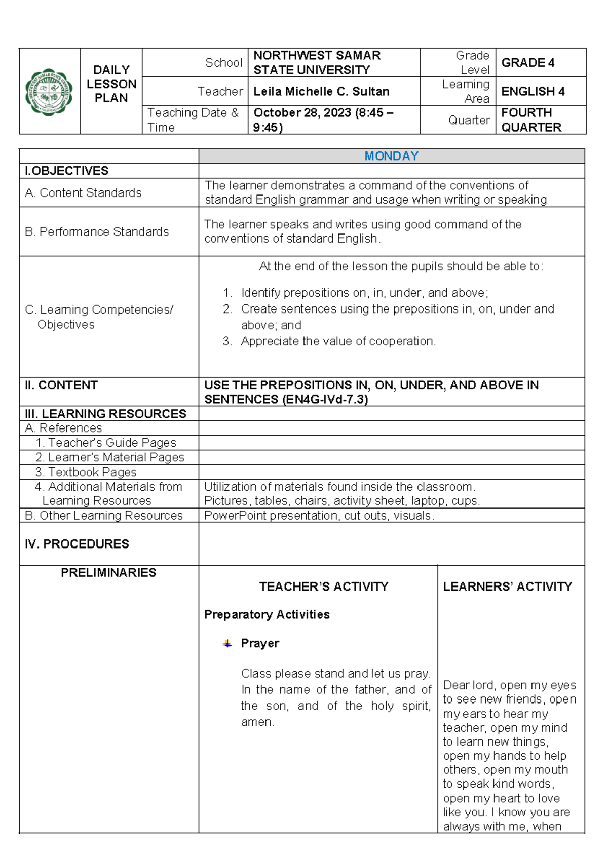 DLP English 4 - Lesson Plan on Prepositions: IN, ON, UNDER, ABOVE (EN4G ...