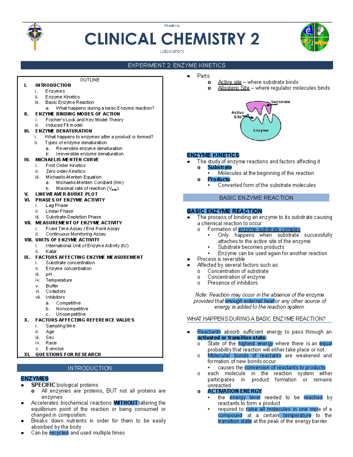Cclab-EXP-2 - clin chem - EXPERIMENT 2: ENZYME KINETICS OUTLINE I ...