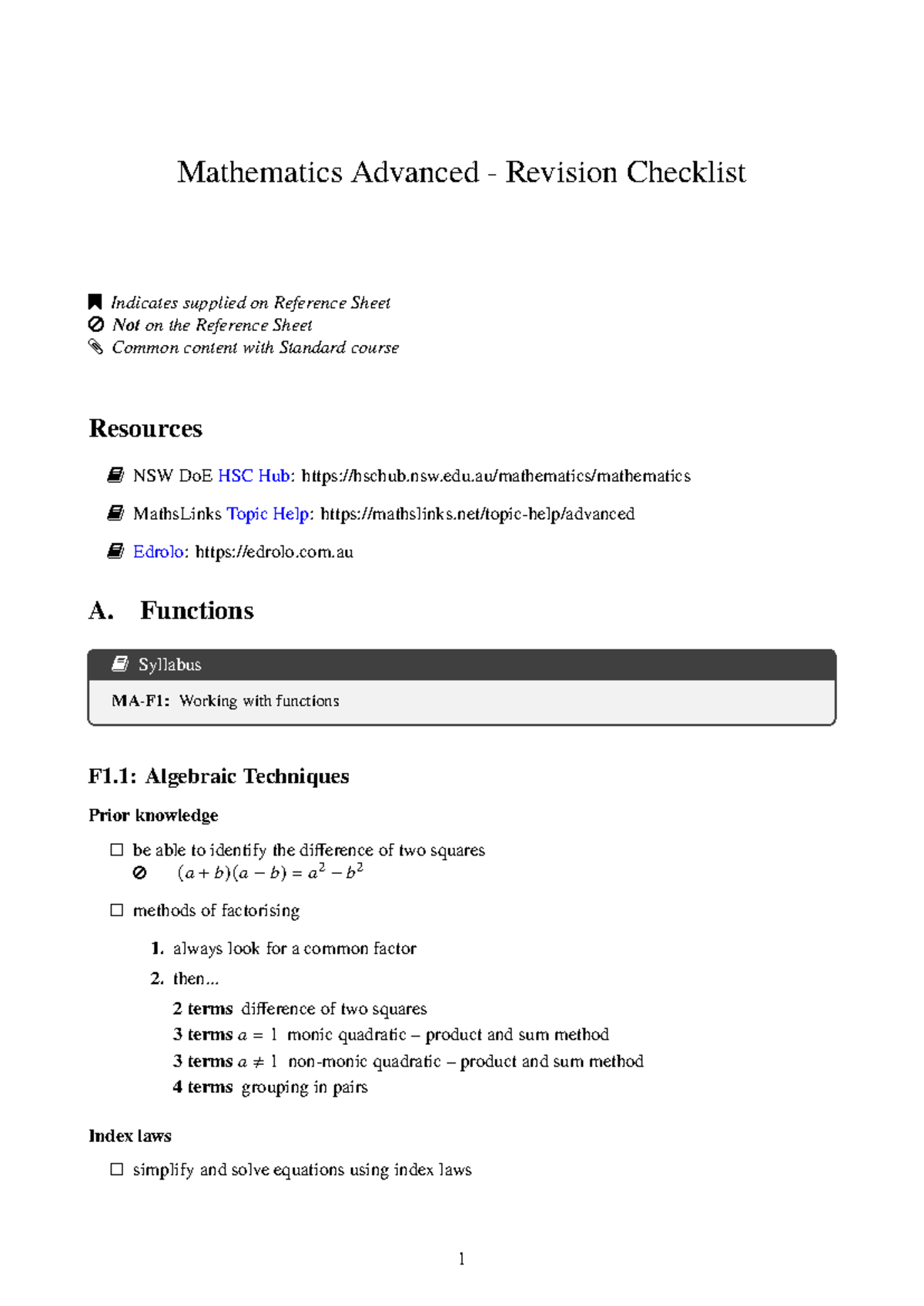 Mathematics Advanced Revision Checklist (HSC) - Studocu