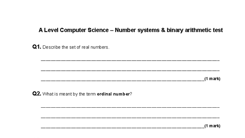A Level Computer Science: Number Systems & Binary Arithmetic Test - Studocu