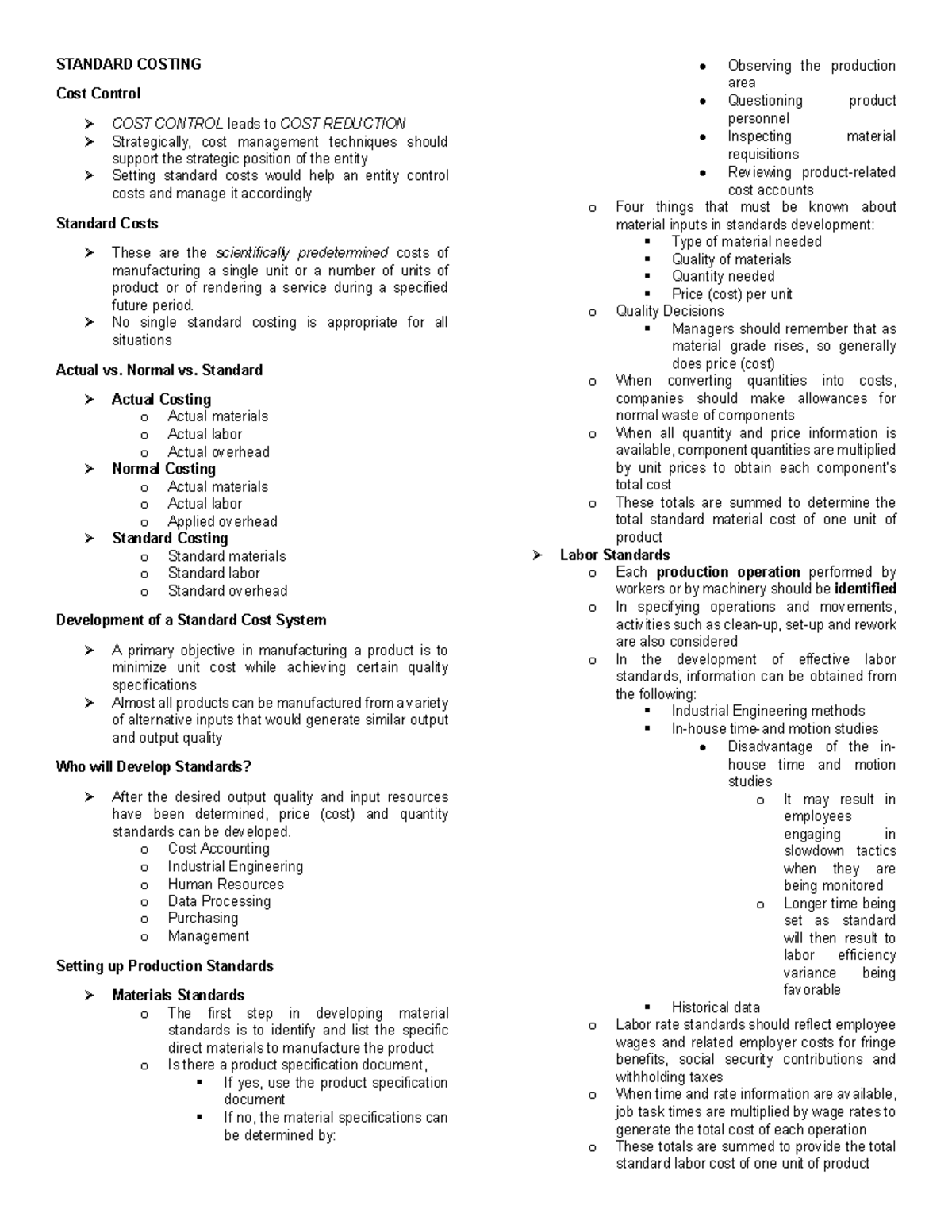 Standard Costing Notes: Concepts and Variance Analysis - Studocu