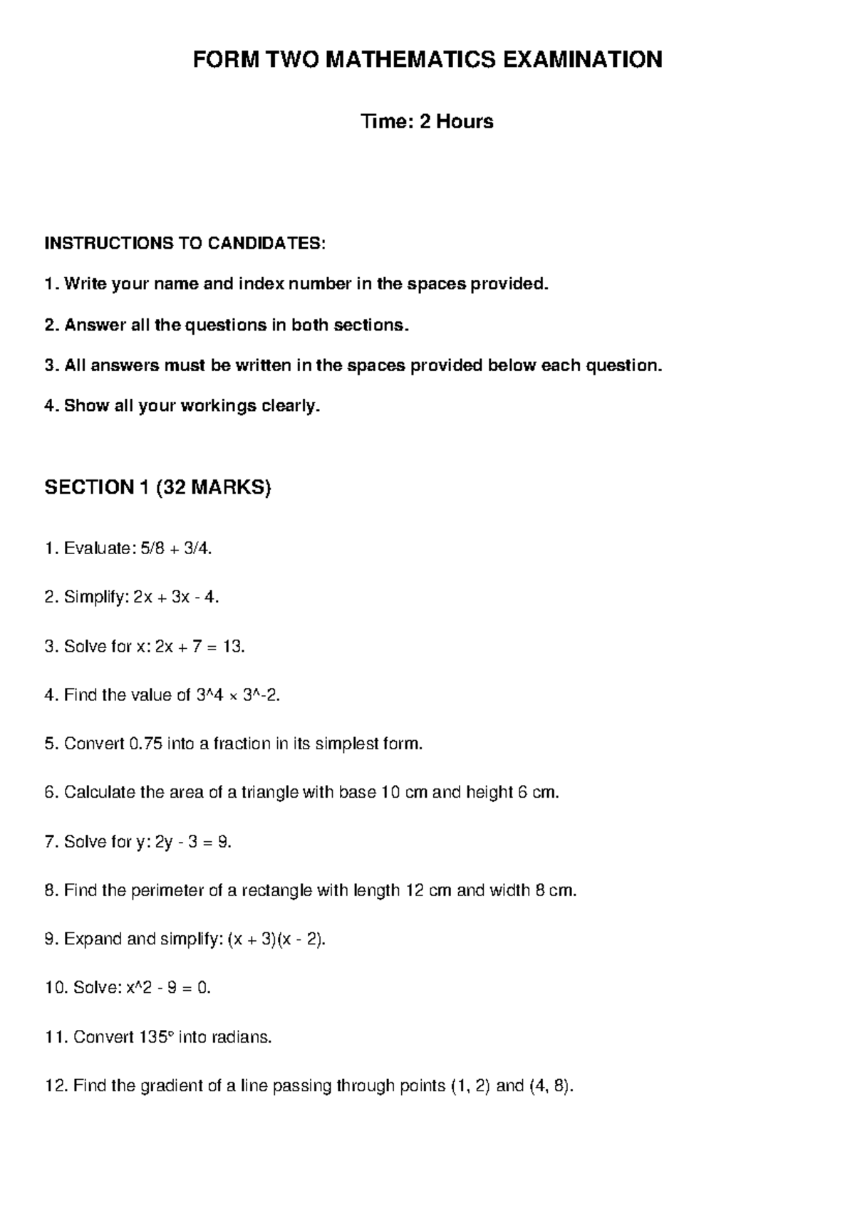 Form Two Mathematics Exam - Comprehensive Practice Questions - Studocu