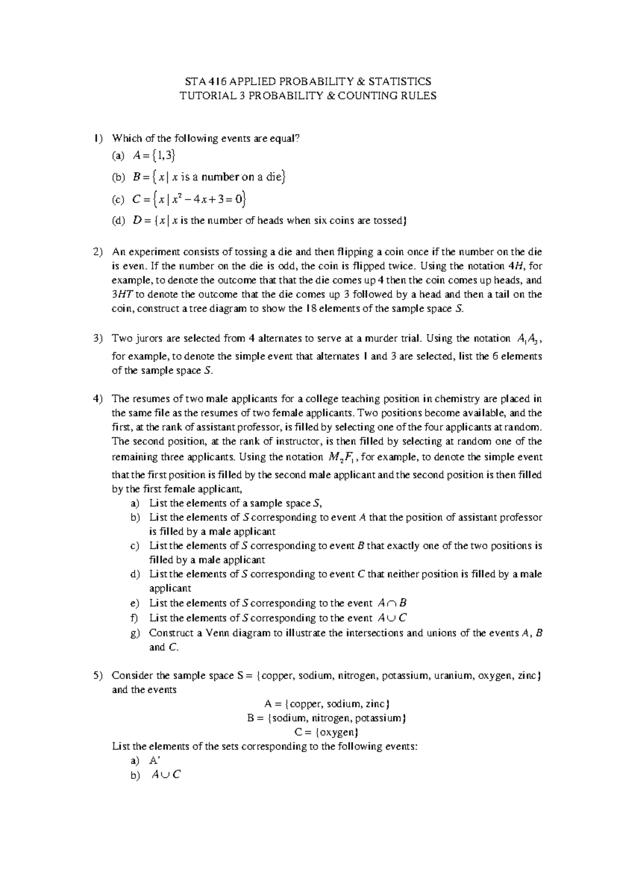 STA 416 Applied Probability Statistics Tutorial 3: Counting Rules and Events - Studocu