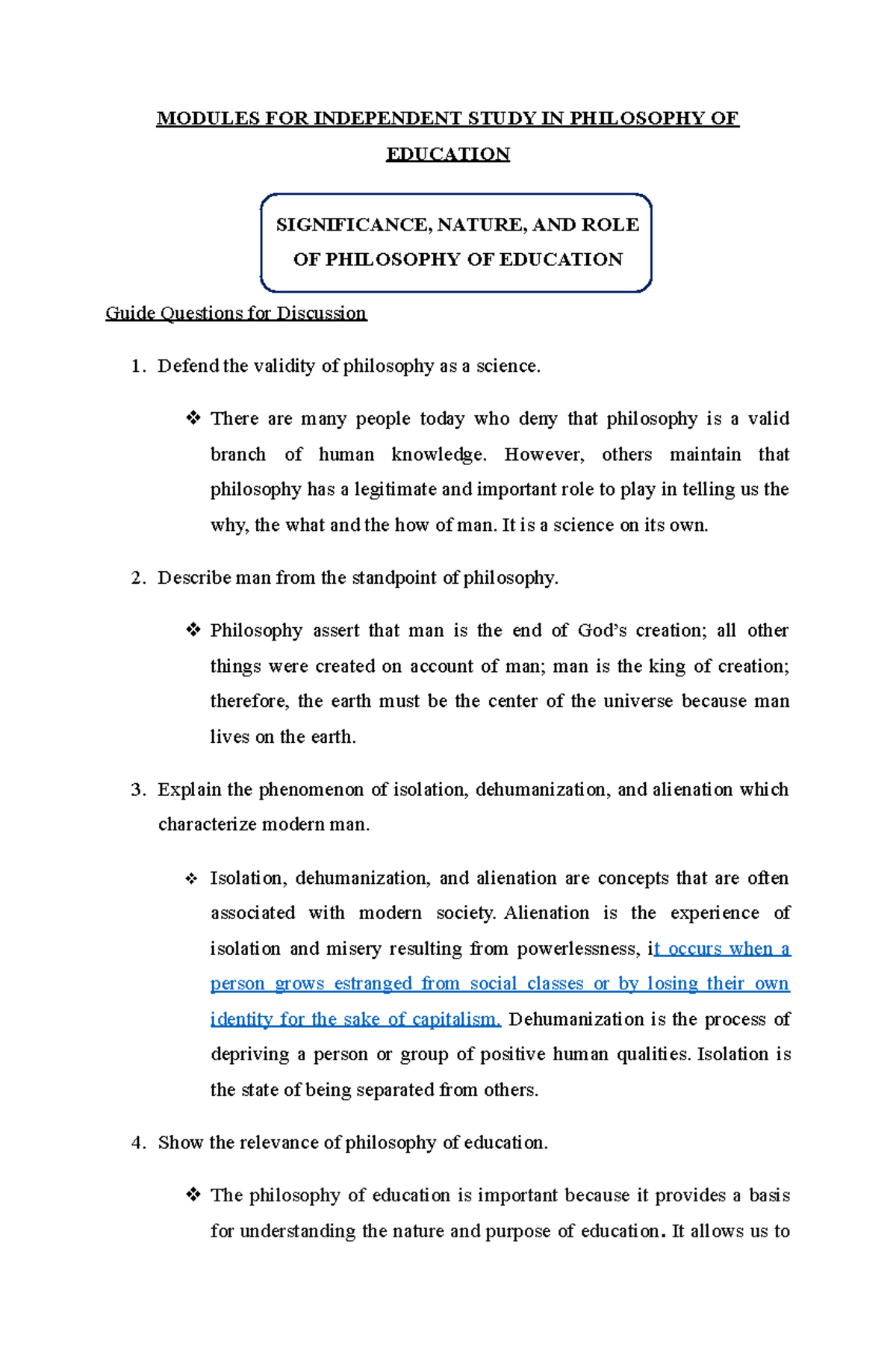 Philosophy of Education (EDU101) Book Review and Discussion Notes - Studocu