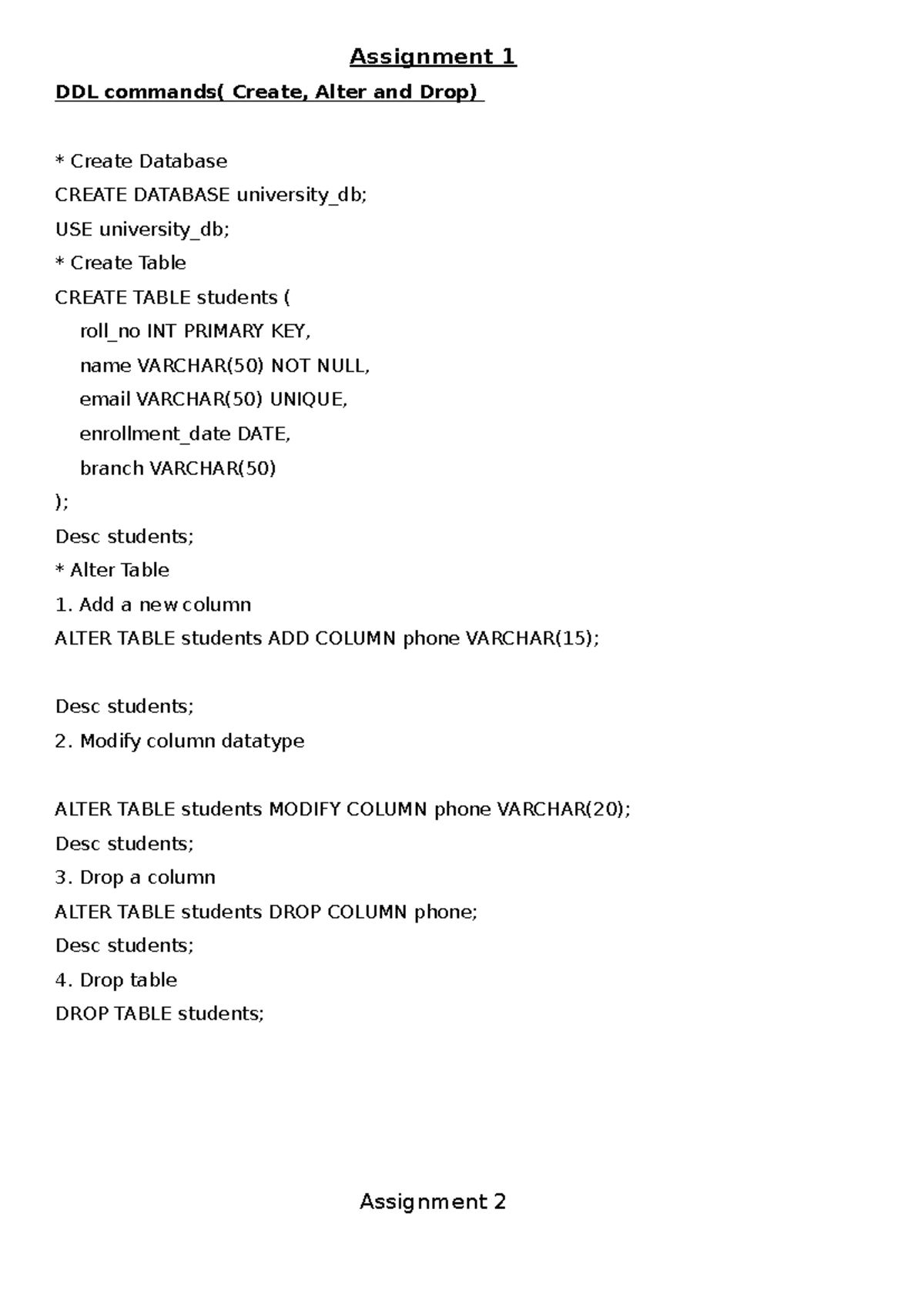 DBMS Lab Assignments: DDL, DML, Joins, Normalization & Cursors - Studocu