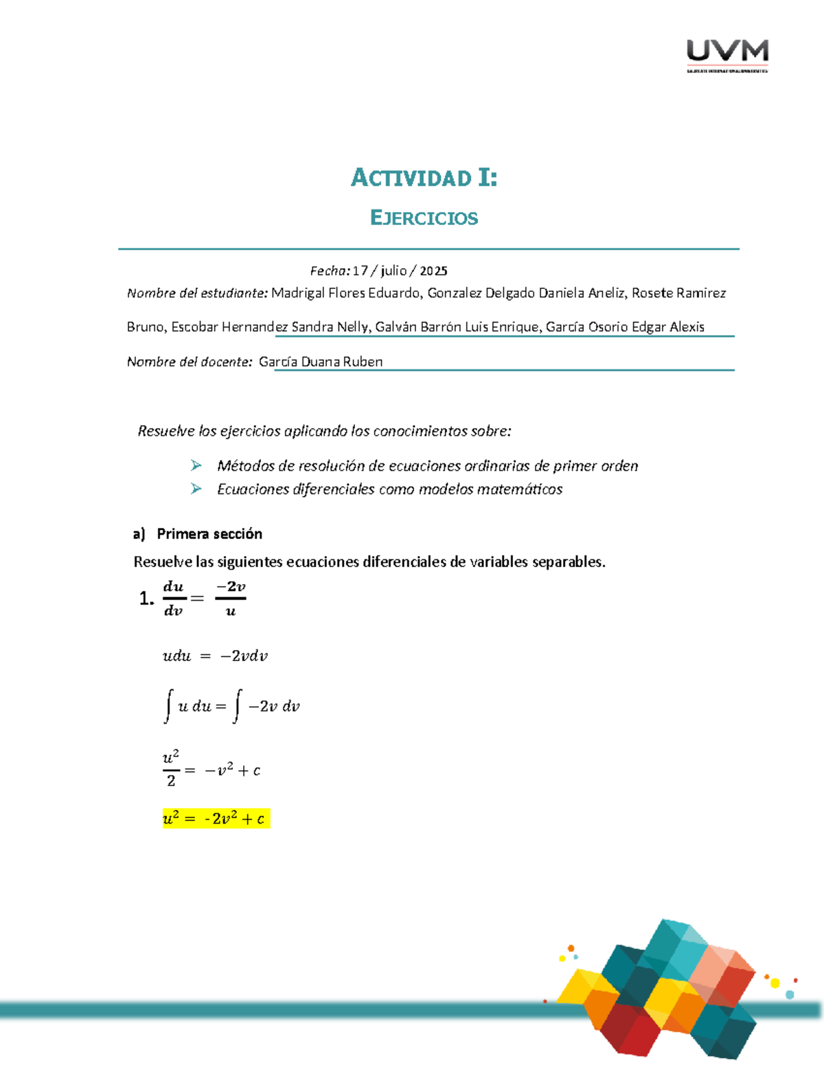 Actividad I: Ejercicios sobre Ecuaciones Diferenciales - Studocu