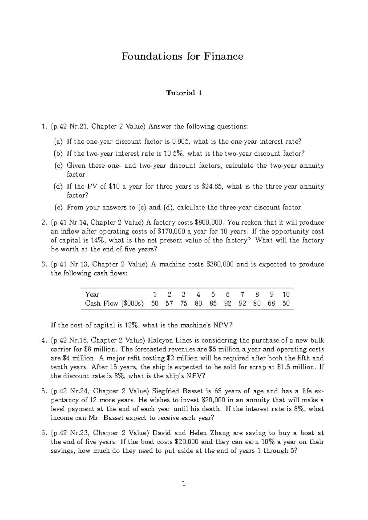 Foundations for Finance Tutorial 1: Chapter 2 Value Problems - Studocu
