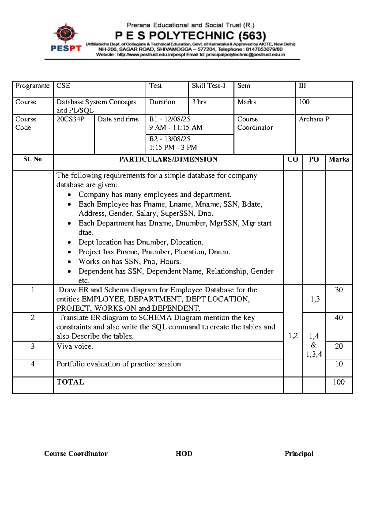CSE 20CS34P Database System Concepts Test: ER Diagrams & SQL Commands ...
