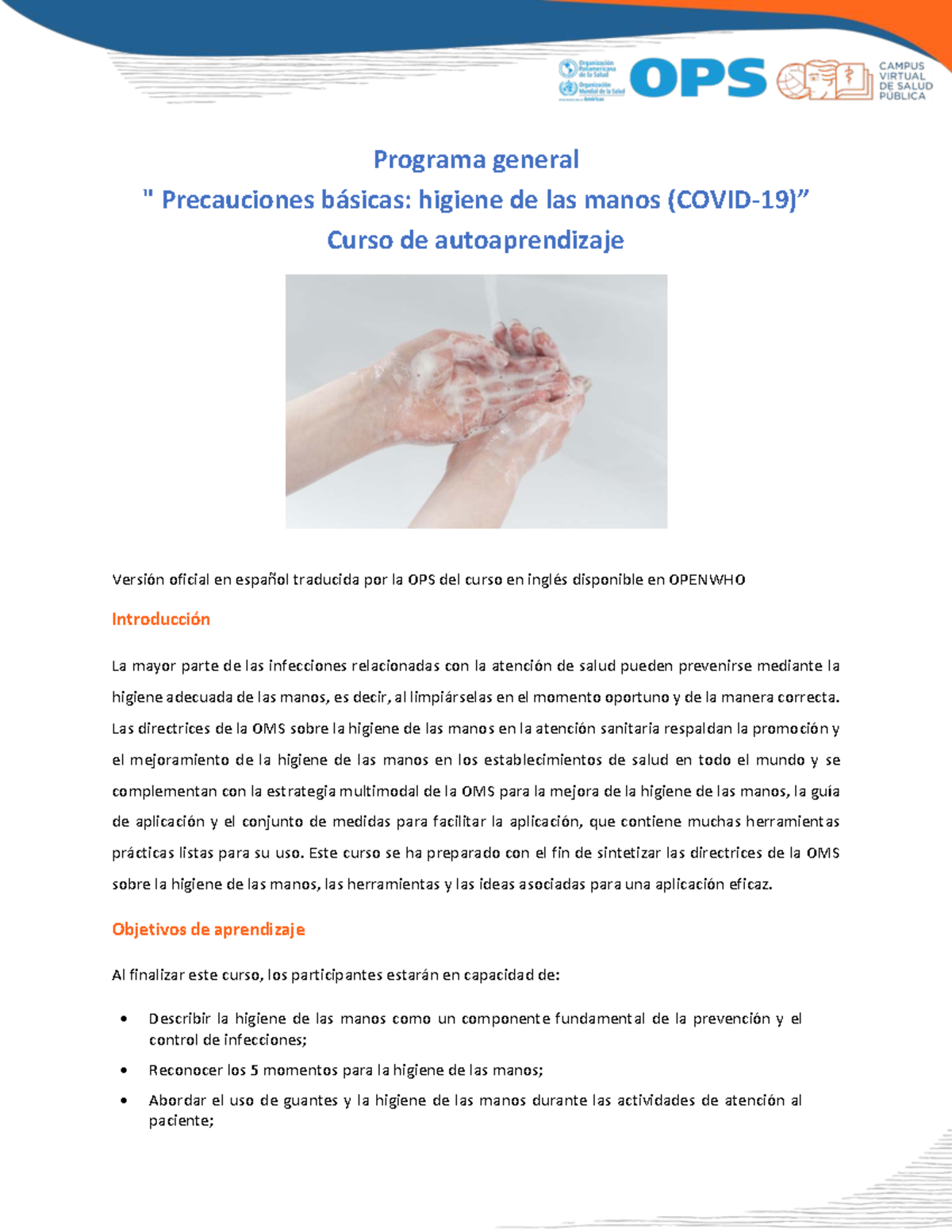 Curso de Autoaprendizaje: Higiene de Manos - Programa Oficial OPS - Studocu