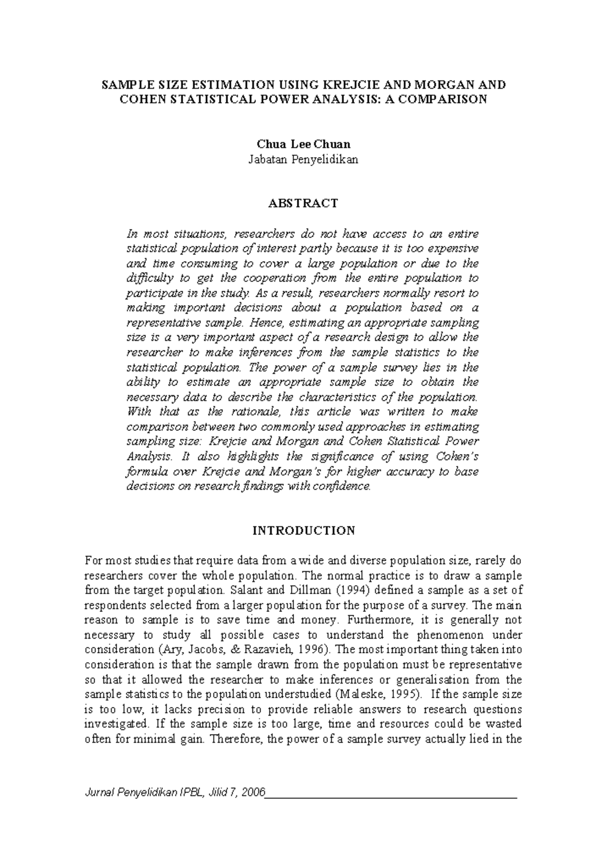 Comparative Analysis of Sample Size Estimation: Krejcie & Cohen - Studocu