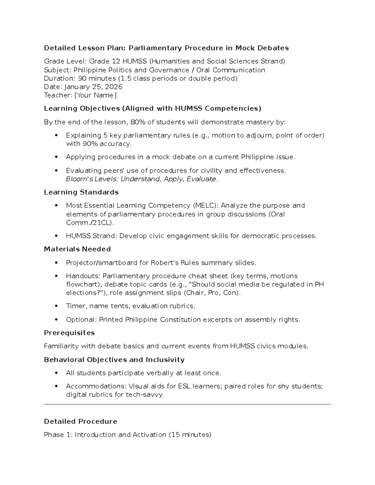 Grade 12 HUMSS Detailed Lesson Plan: Parliamentary Procedure in Mock ...