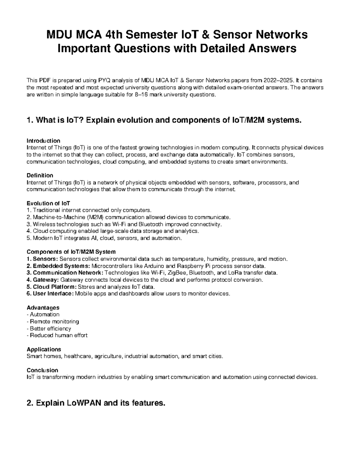 MDU MCA 4th Sem IoT & Sensor Networks Important Qs with Answers - Studocu