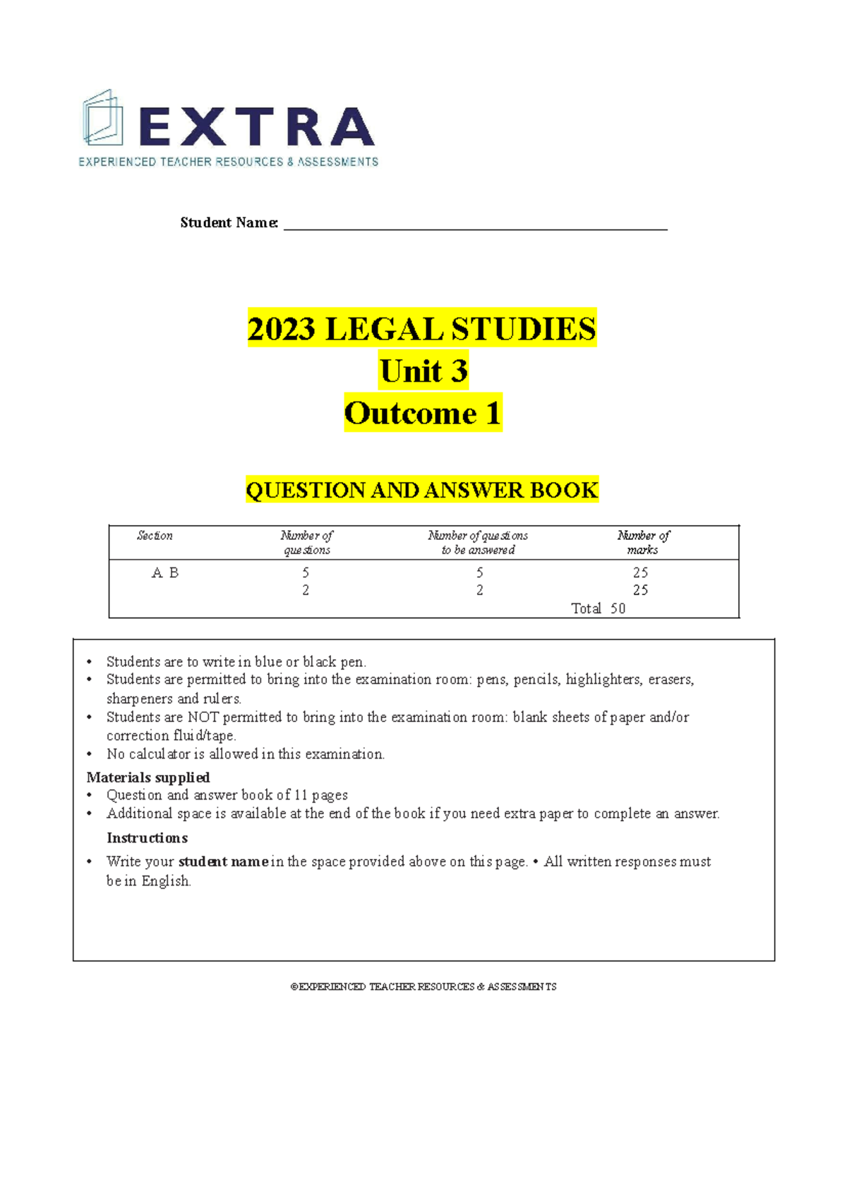 2023 Extra Legal Studies Unit 3 Outcome 1 SAC 1B - Student Name: - Studocu
