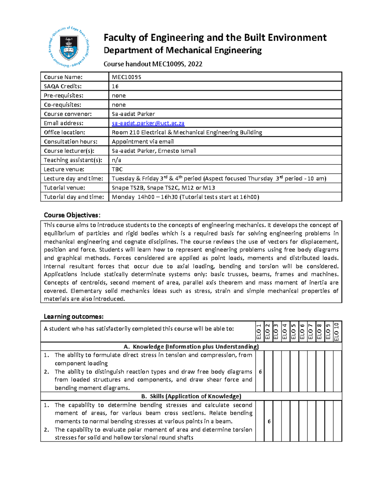 MEC1009S Course Handout: Engineering Mechanics Overview 2022 - Studocu