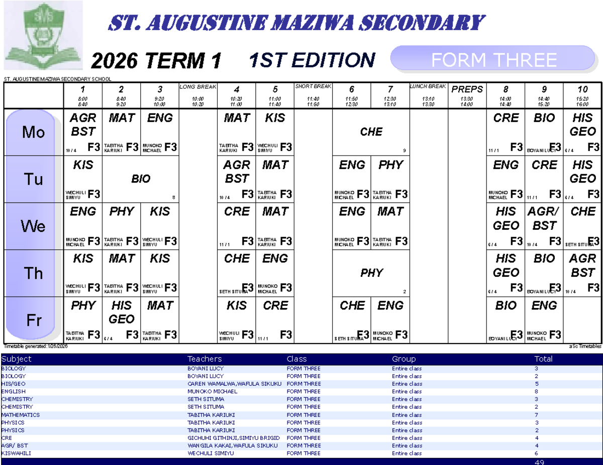 ST. AUGUSTINE MAZIWA SEC F3 & F4 TIMETABLE 2026 TERM 1 - Studocu