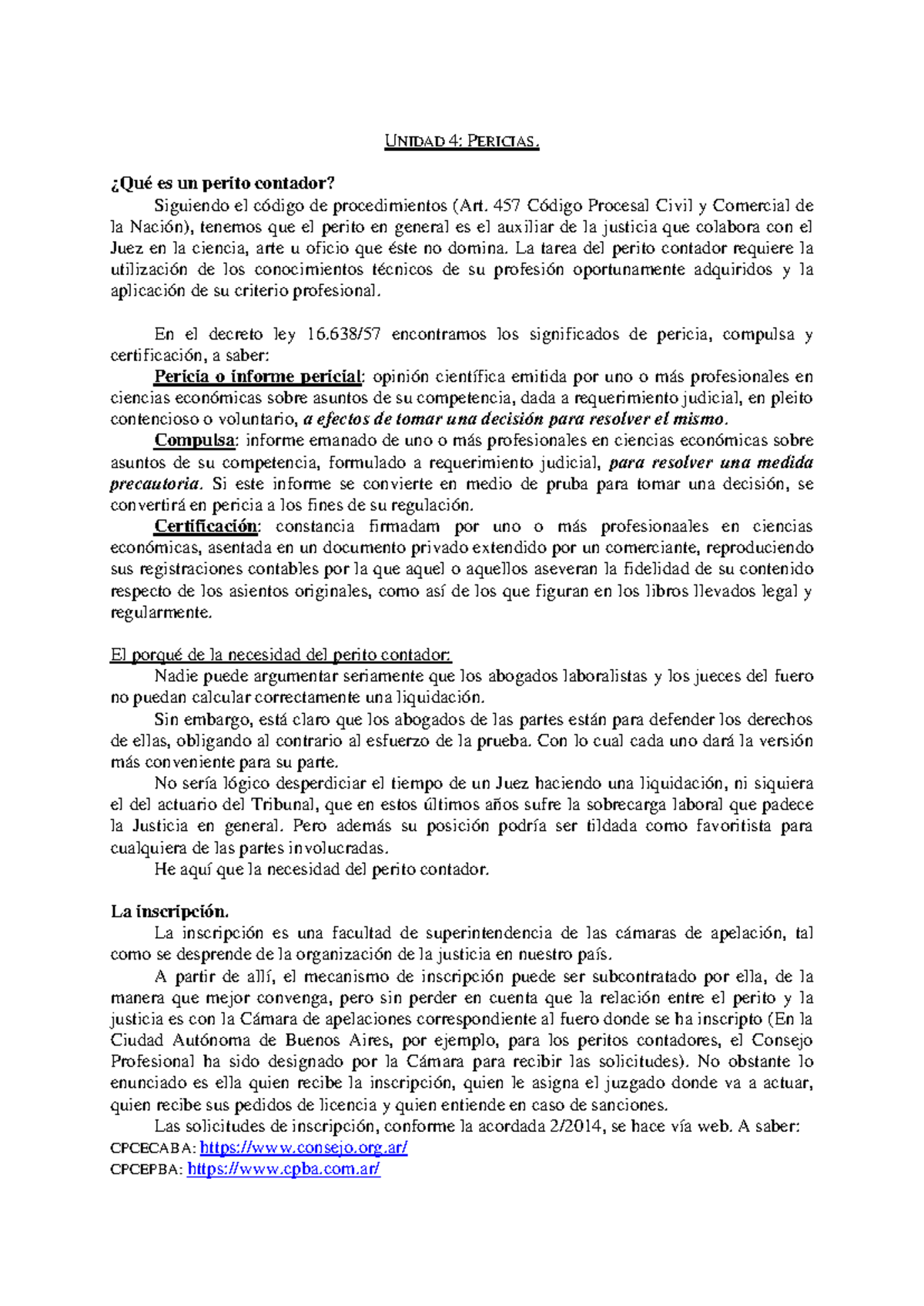 U4: Pericias y Función del Perito Contador en el Proceso Judicial - Studocu