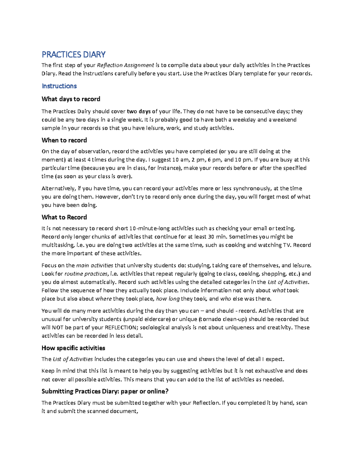 PRACTICES DIARY: Reflection Assignment Template for Students - Studocu