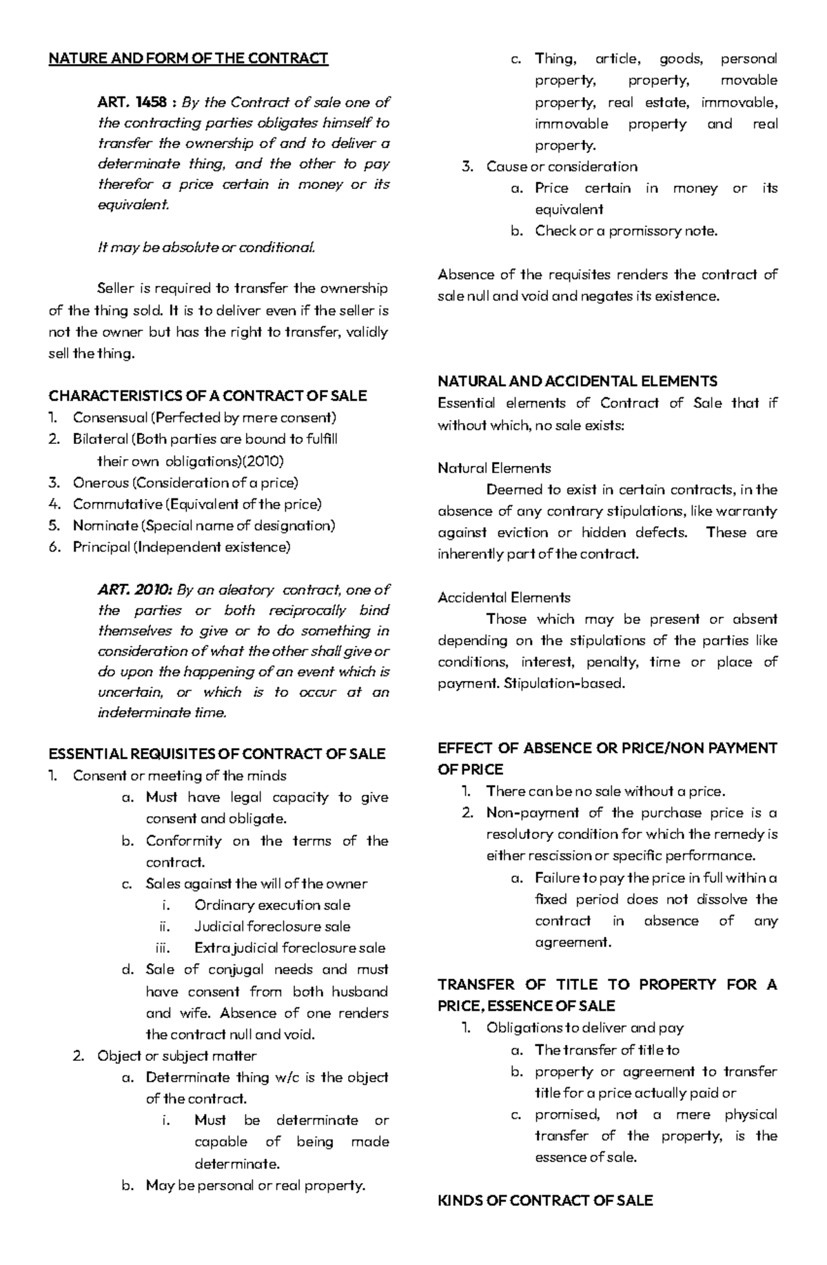 Contract of Sale Overview and Key Provisions (N1) - Studocu