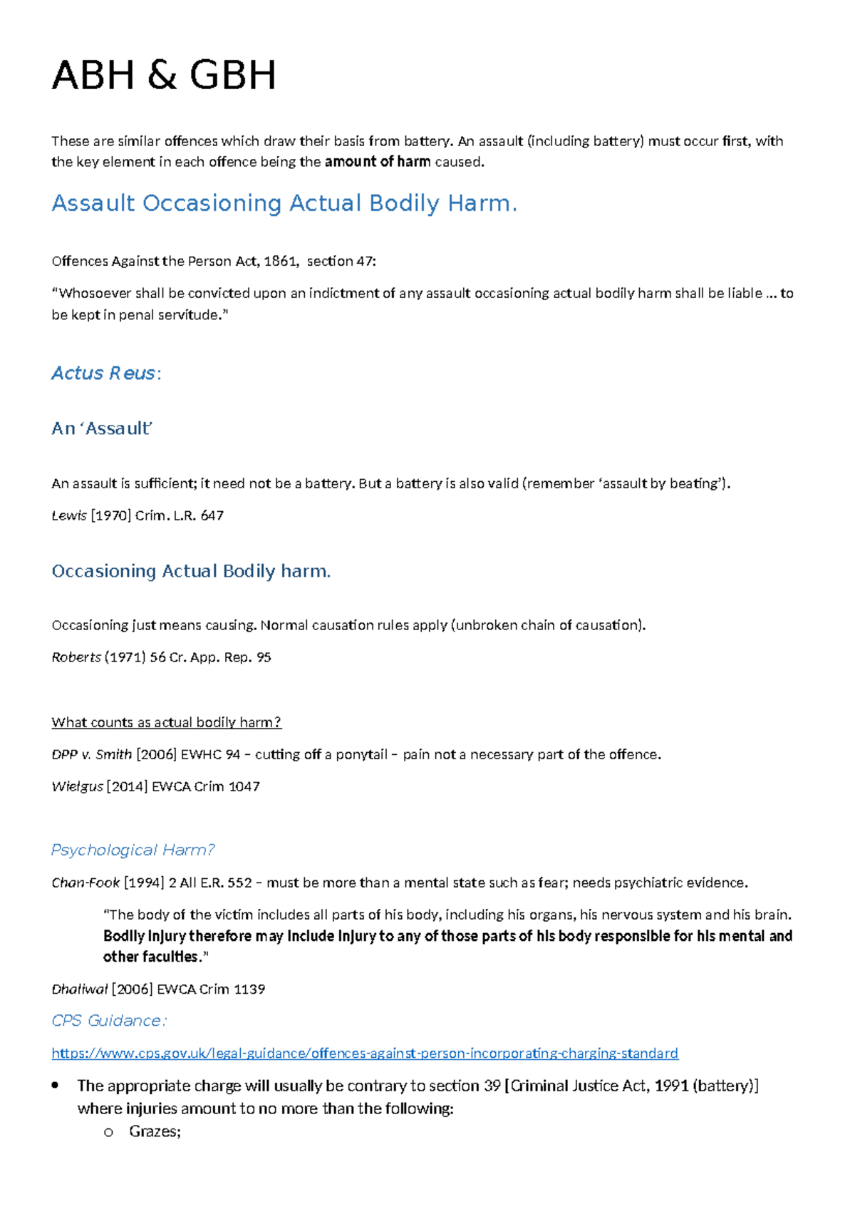 ABH & GBH: Understanding Assault Occasioning Actual Bodily Harm - Studocu