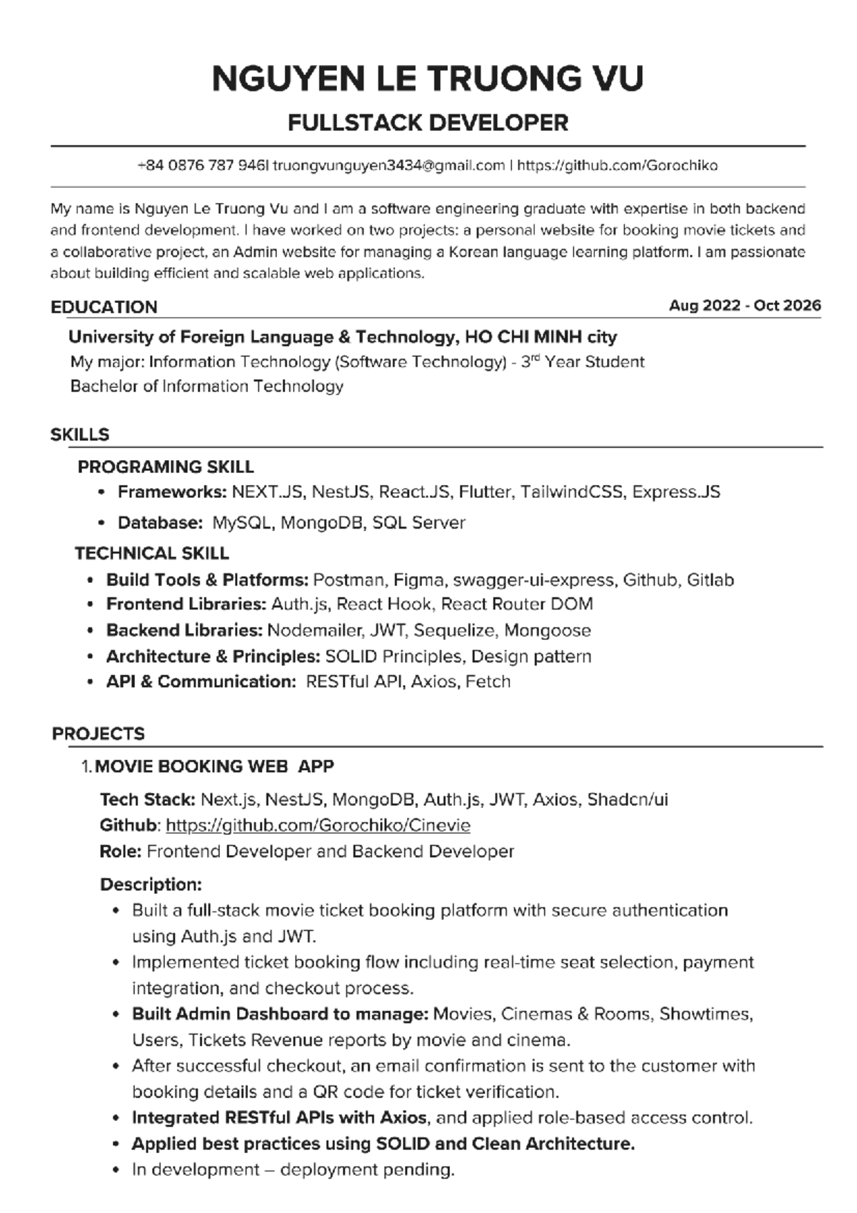 Fullstack Developer Resume - Nguyen Le Truong Vu (0876 787 946) - Studocu