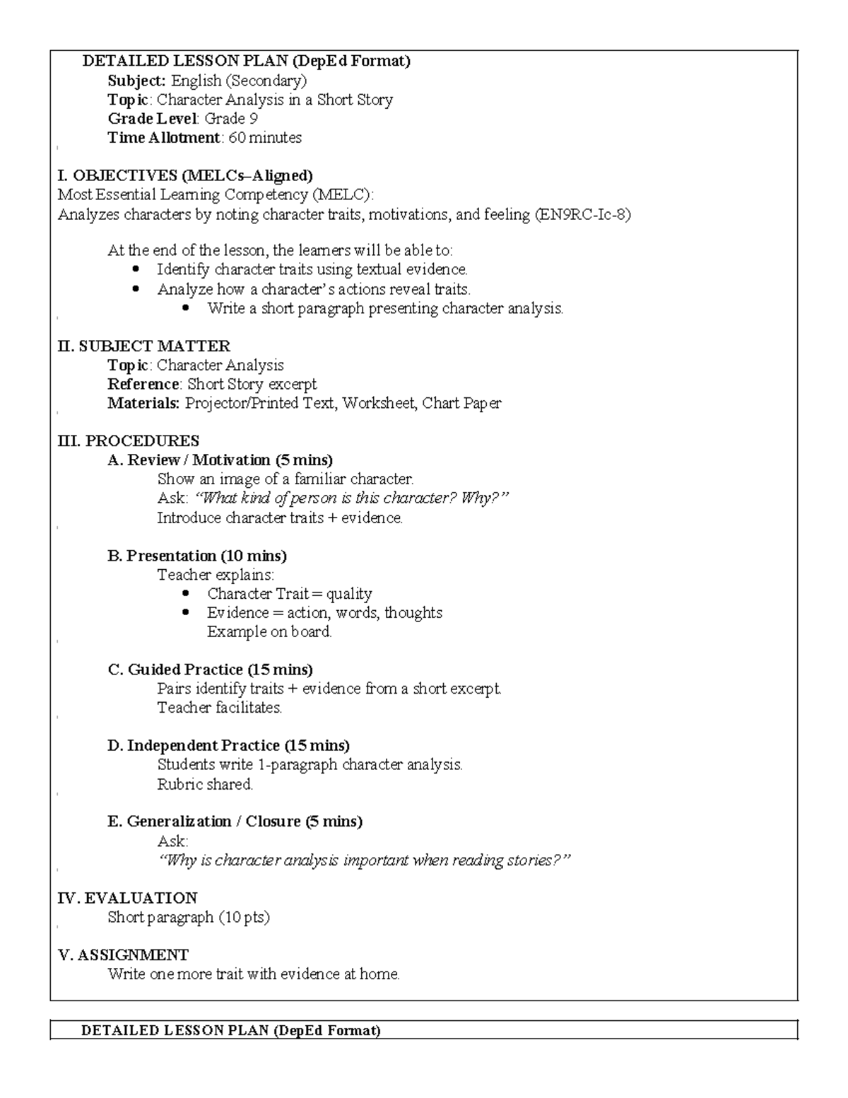 Detailed Lesson Plan: Character Analysis & Quadratic Equations (Grade 9 ...