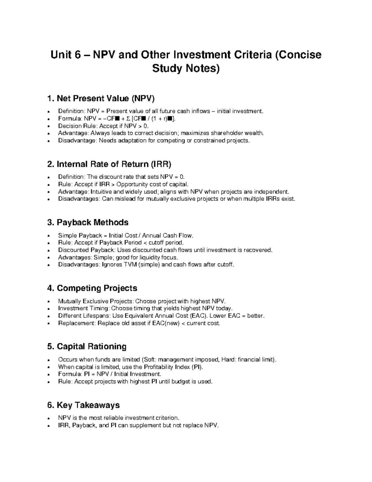 Unit 6 Study Summary: NPV & Investment Criteria Insights - Studocu