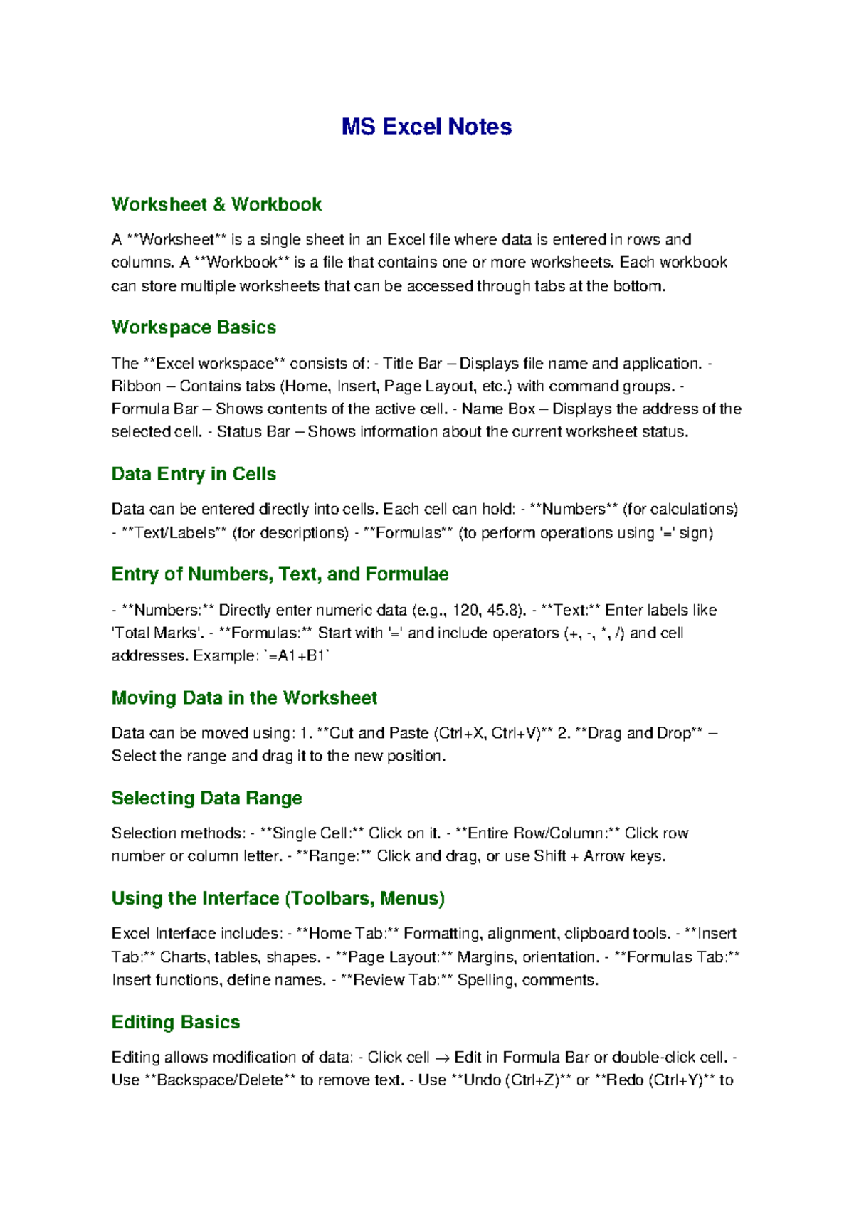 MS Excel Notes for Semester Exams - Essential Guide - Studocu