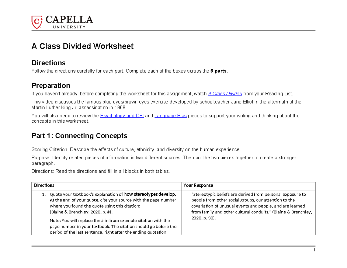 A Class Divided Worksheet - Understanding Stereotypes & Bias - Studocu