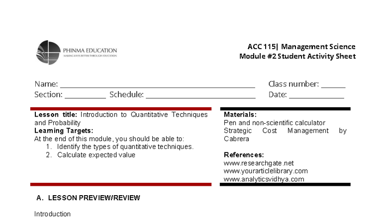 ACC115 Management Science Lesson: Intro to Quantitative Techniques ...