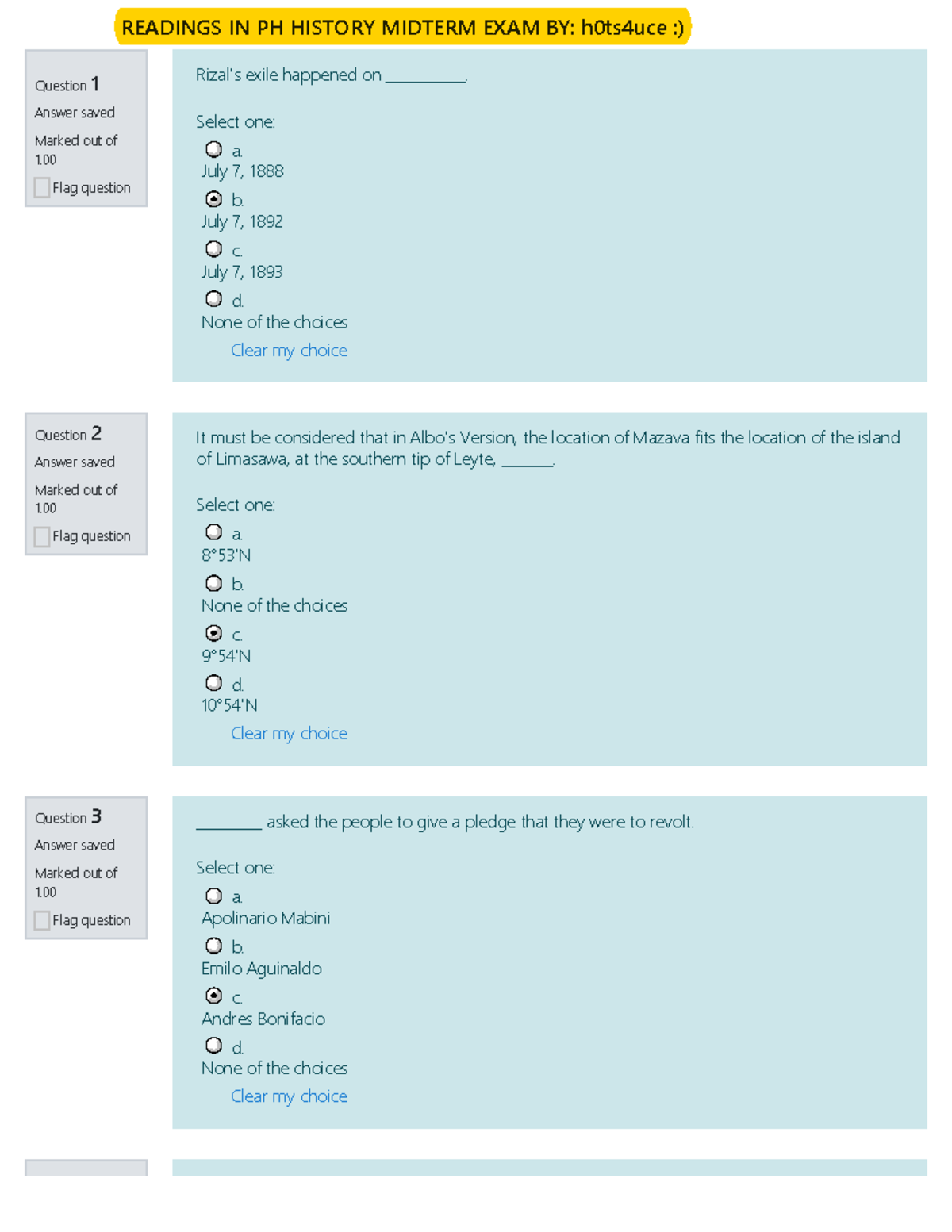 Reading in Philippine History Midterms EXAM - Question 1 Answer saved Marked out of 1. Flag ...