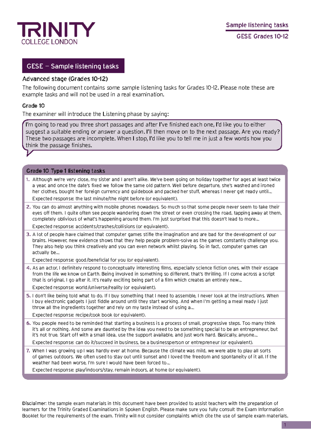 GESE G10-12 - listening tasks - GESE — Sample listening tasks Advanced ...