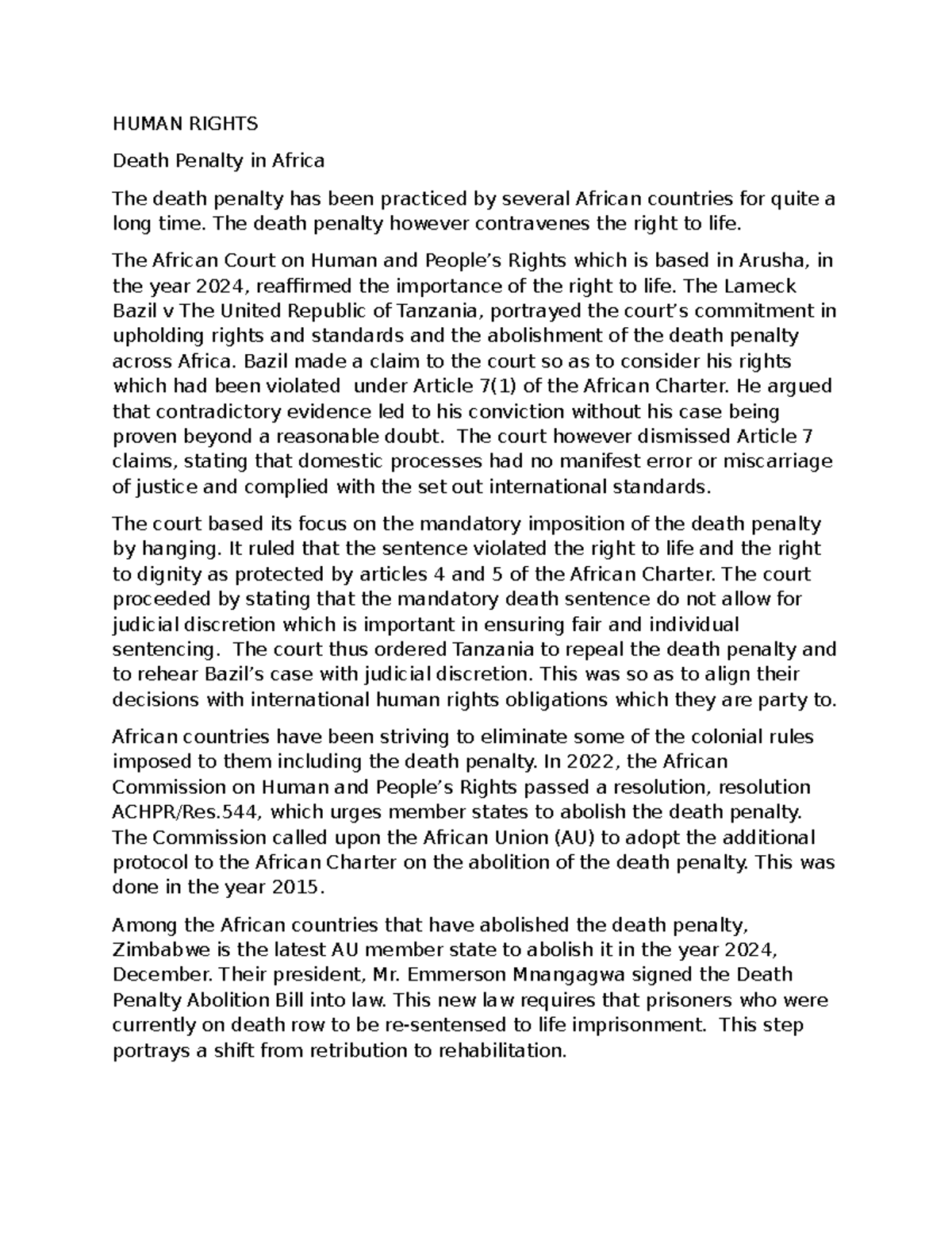 HUMAN RIGHTS Case Study: Death Penalty Abolition in Africa - Studocu