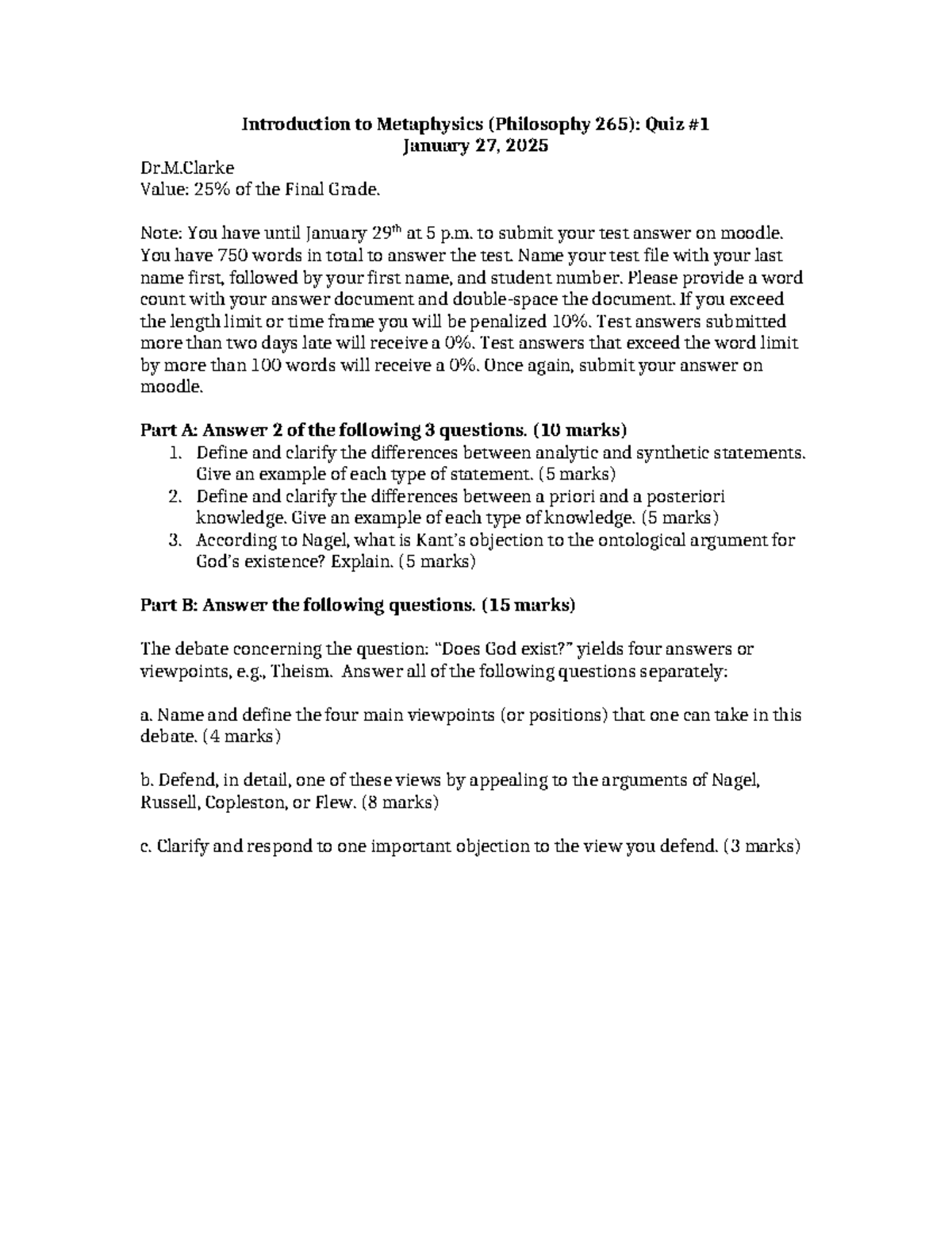 Introduction to Metaphysics (Philosophy 265): Quiz #1 Guidelines - Studocu