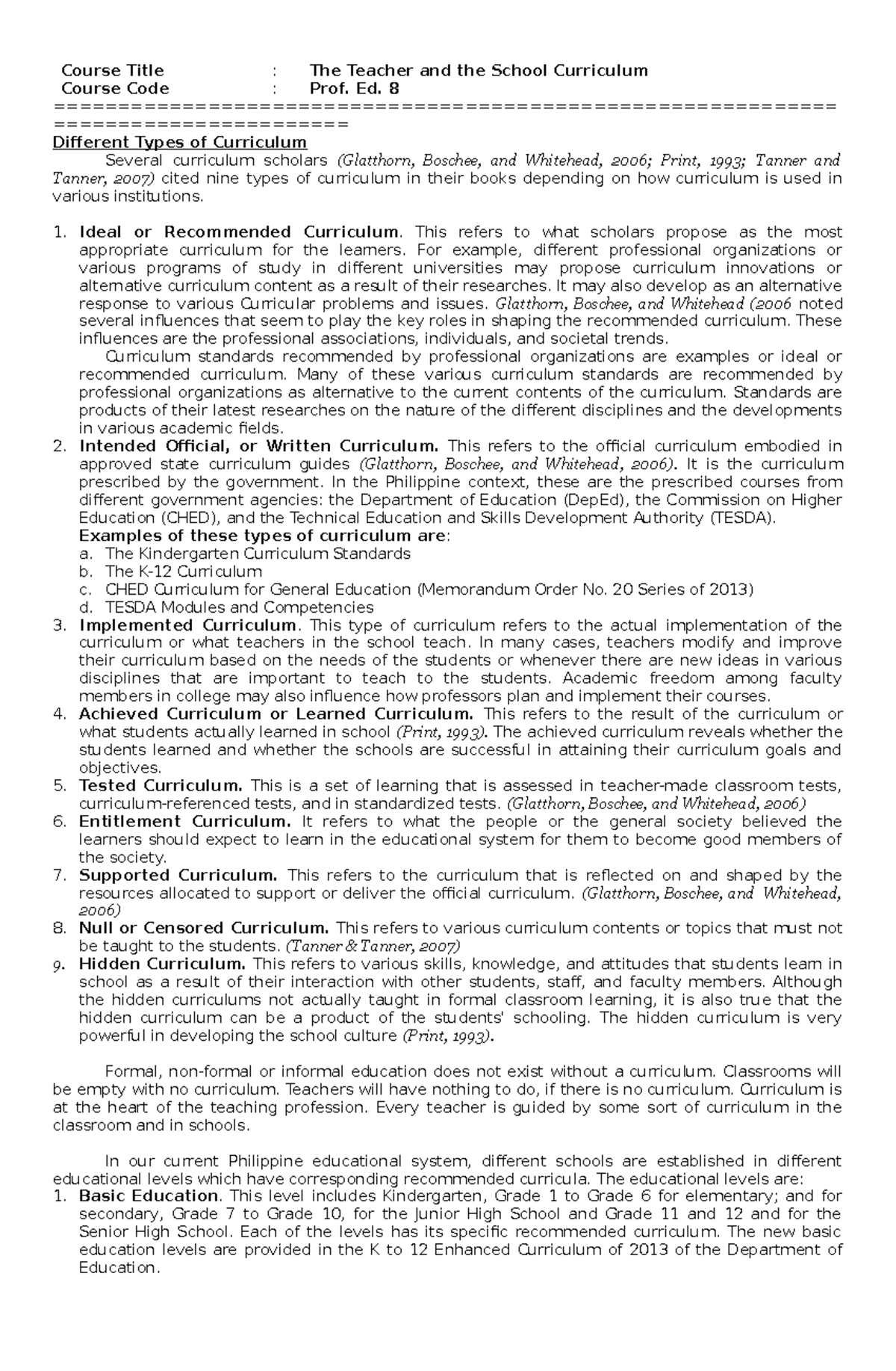 Different Types of Curriculum - Course Title : The Teacher and the ...