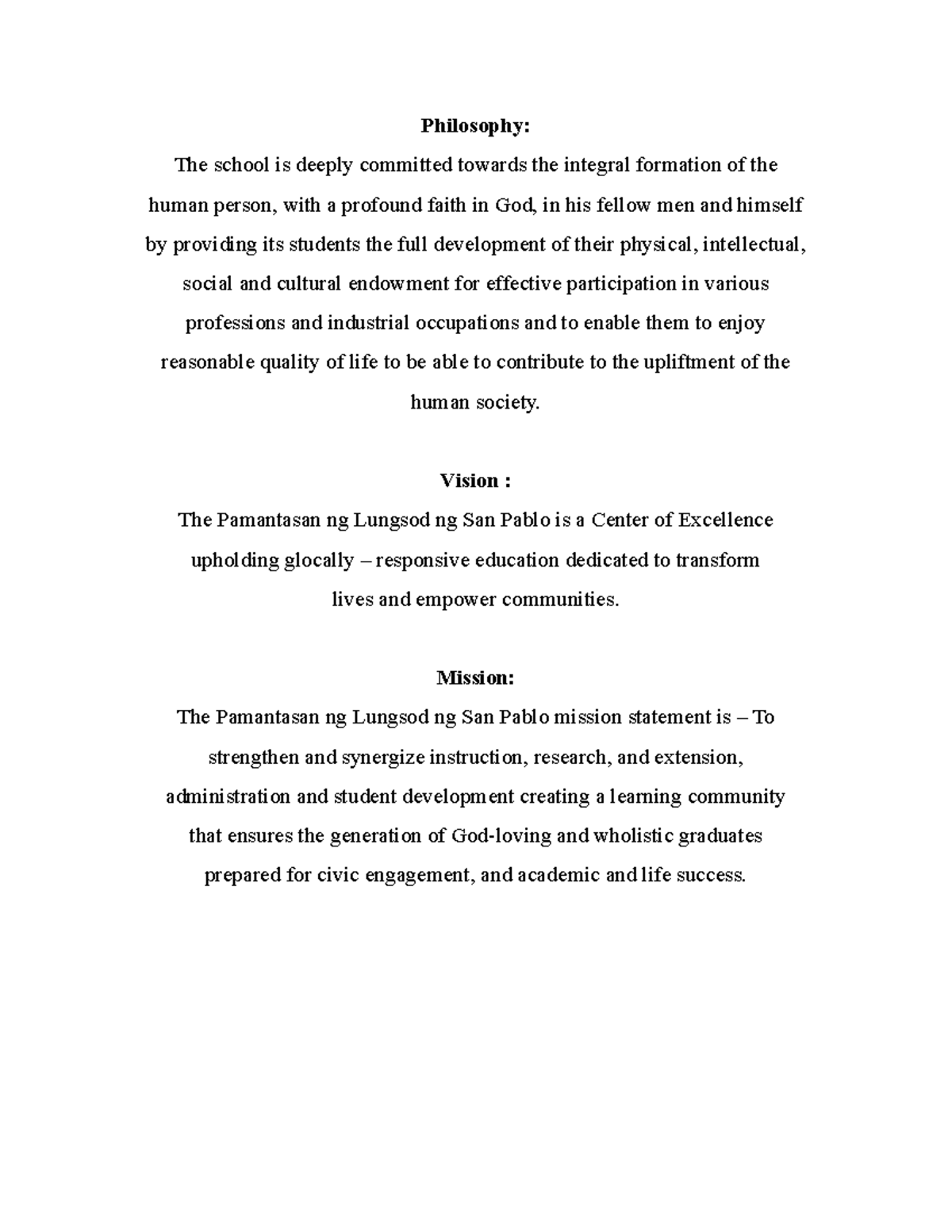 PLSP Philosophy: Vision and Mission Statement Overview - Studocu