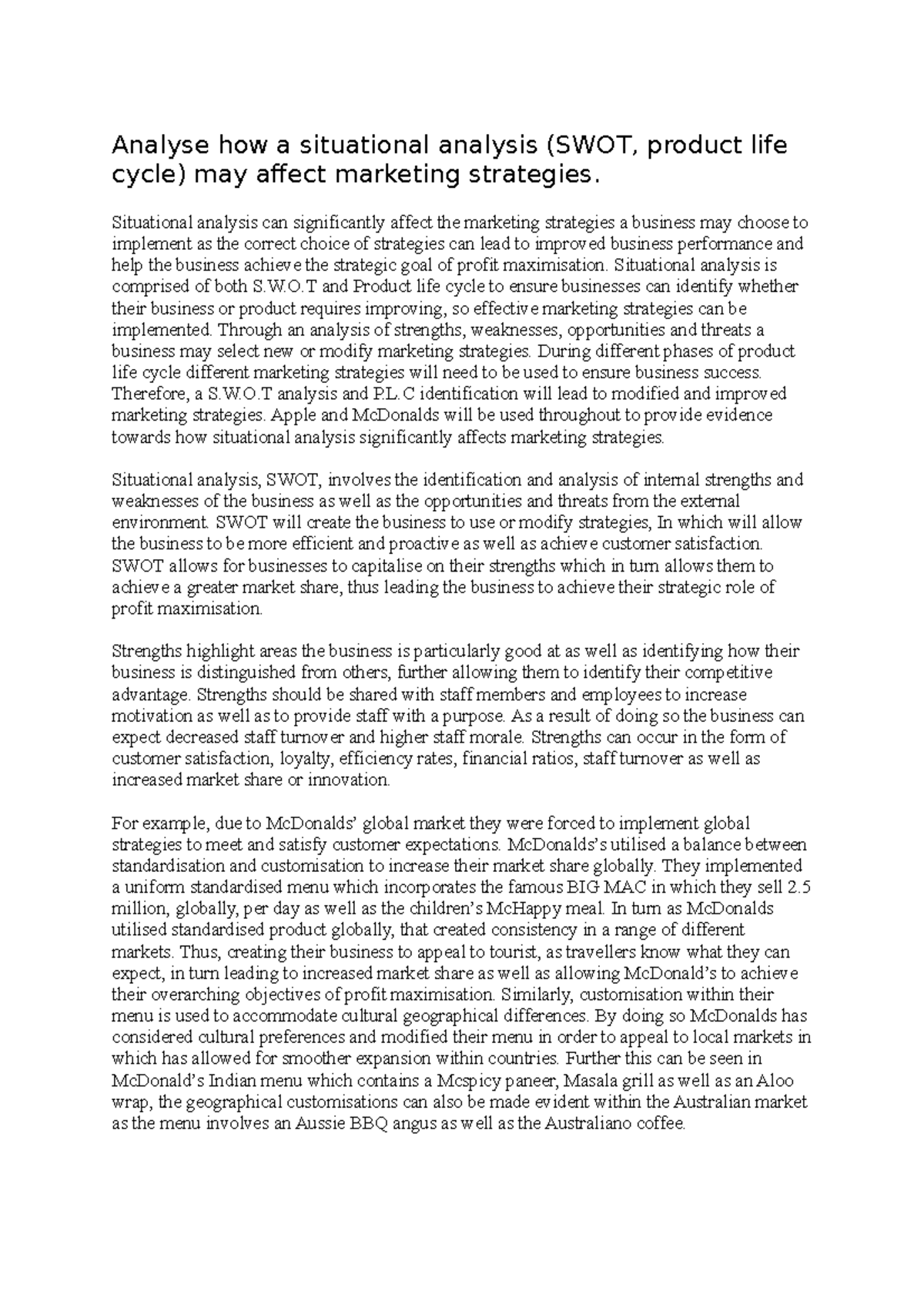 Business Essay Analysis: SWOT & Product Life Cycle for Marketing ...