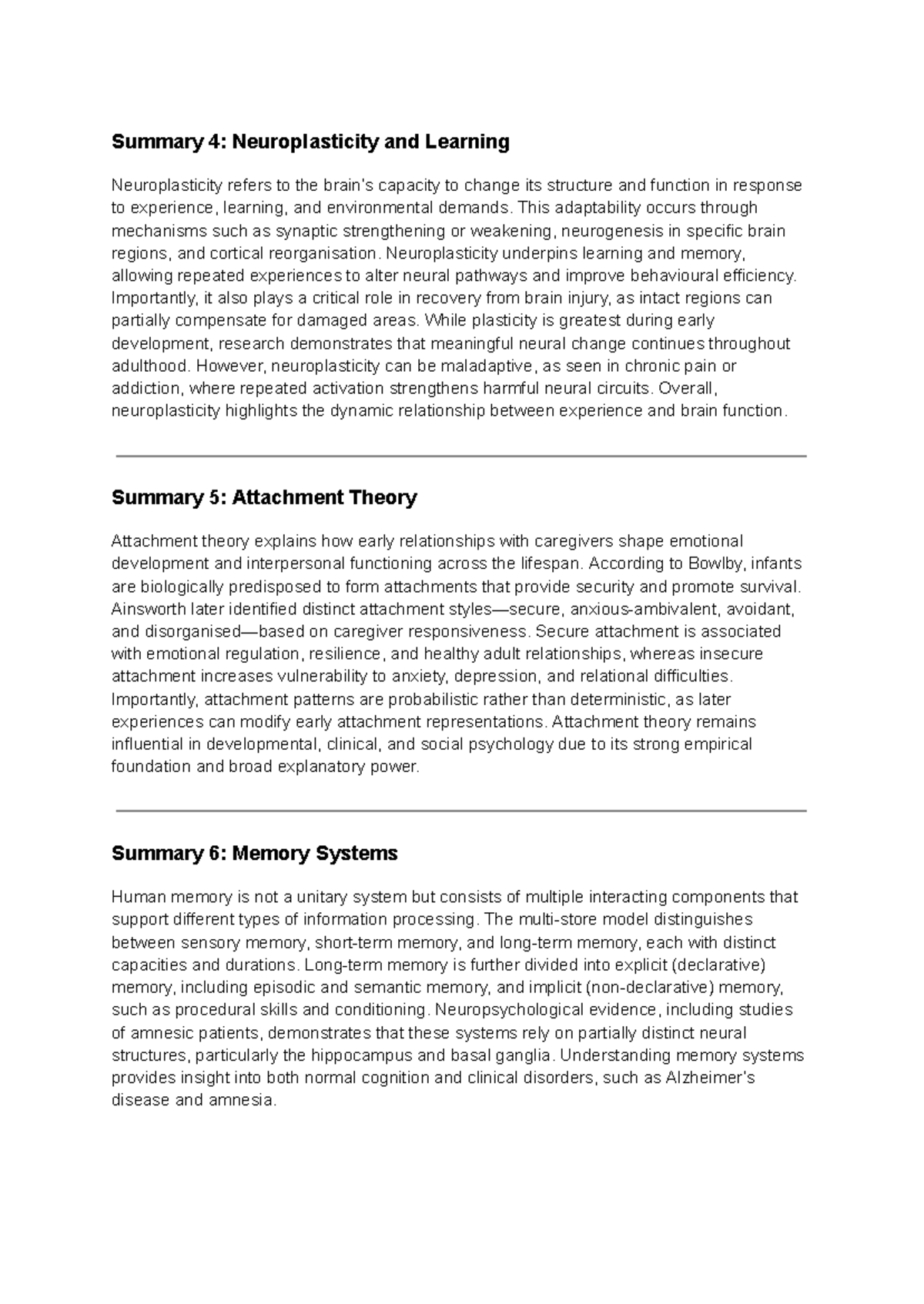 PSY 101: Summaries on Neuroplasticity, Attachment Theory & Memory ...