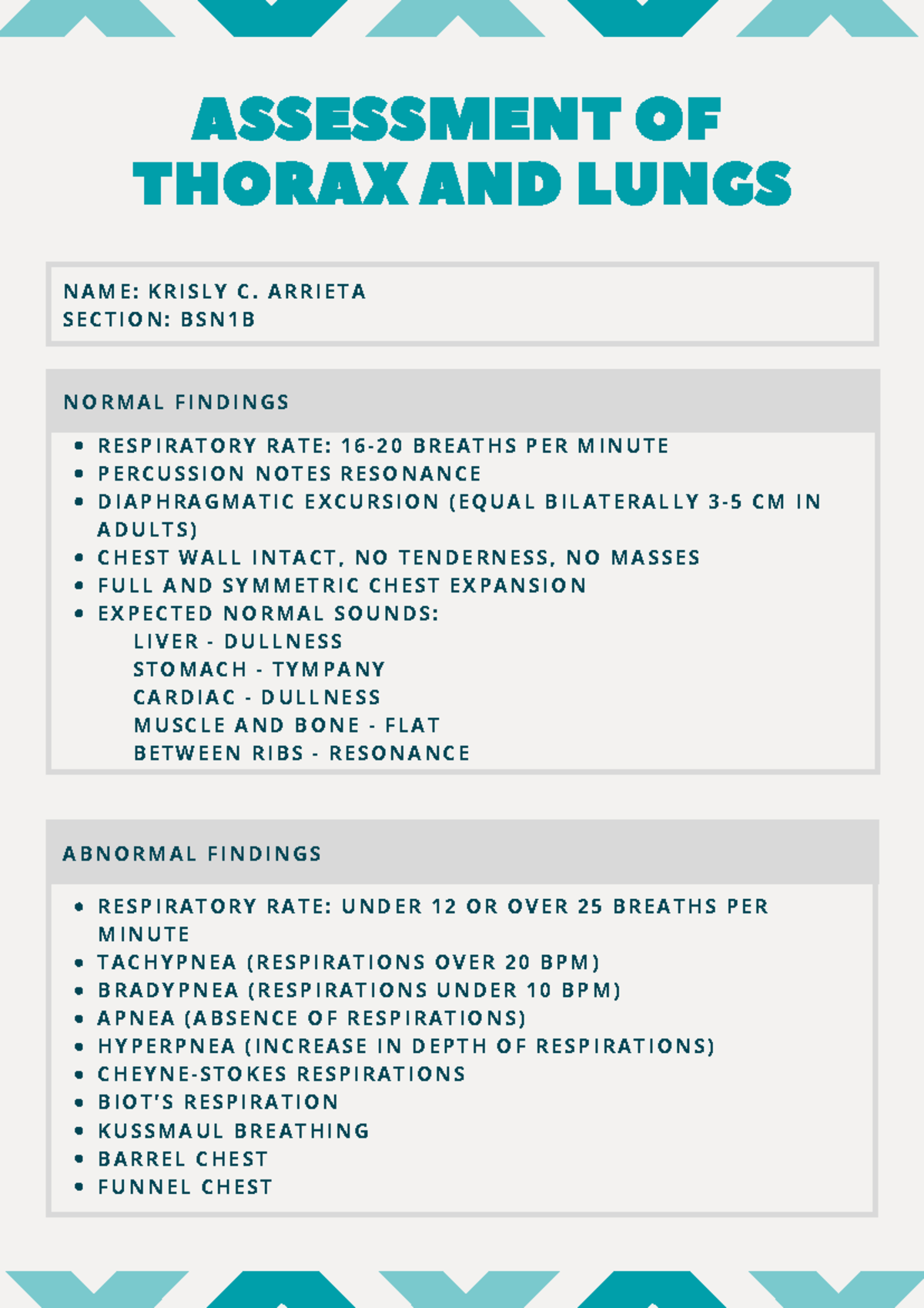 Assessment of Thorax and Lungs - THORAX AND LUNGS NAME: KRISLY C ...