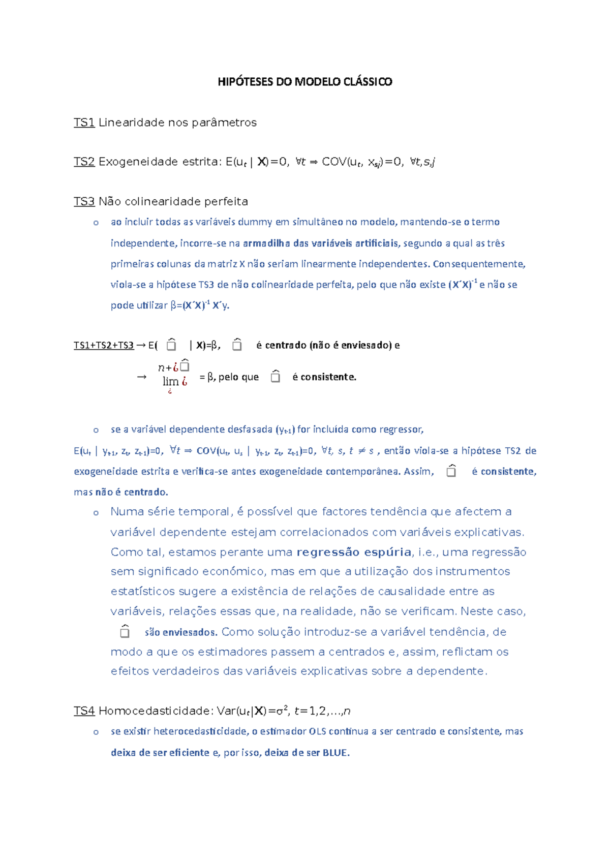 Hipóteses do Modelo Clássico na Econometria: TS1 a TS6 - Studocu