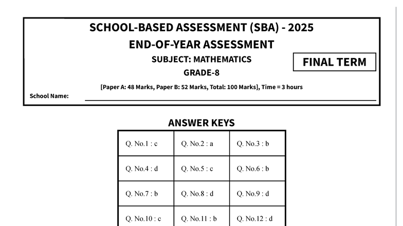 Mathematics Final Term Assessment (SBA) 2025 Answer Key - Studocu