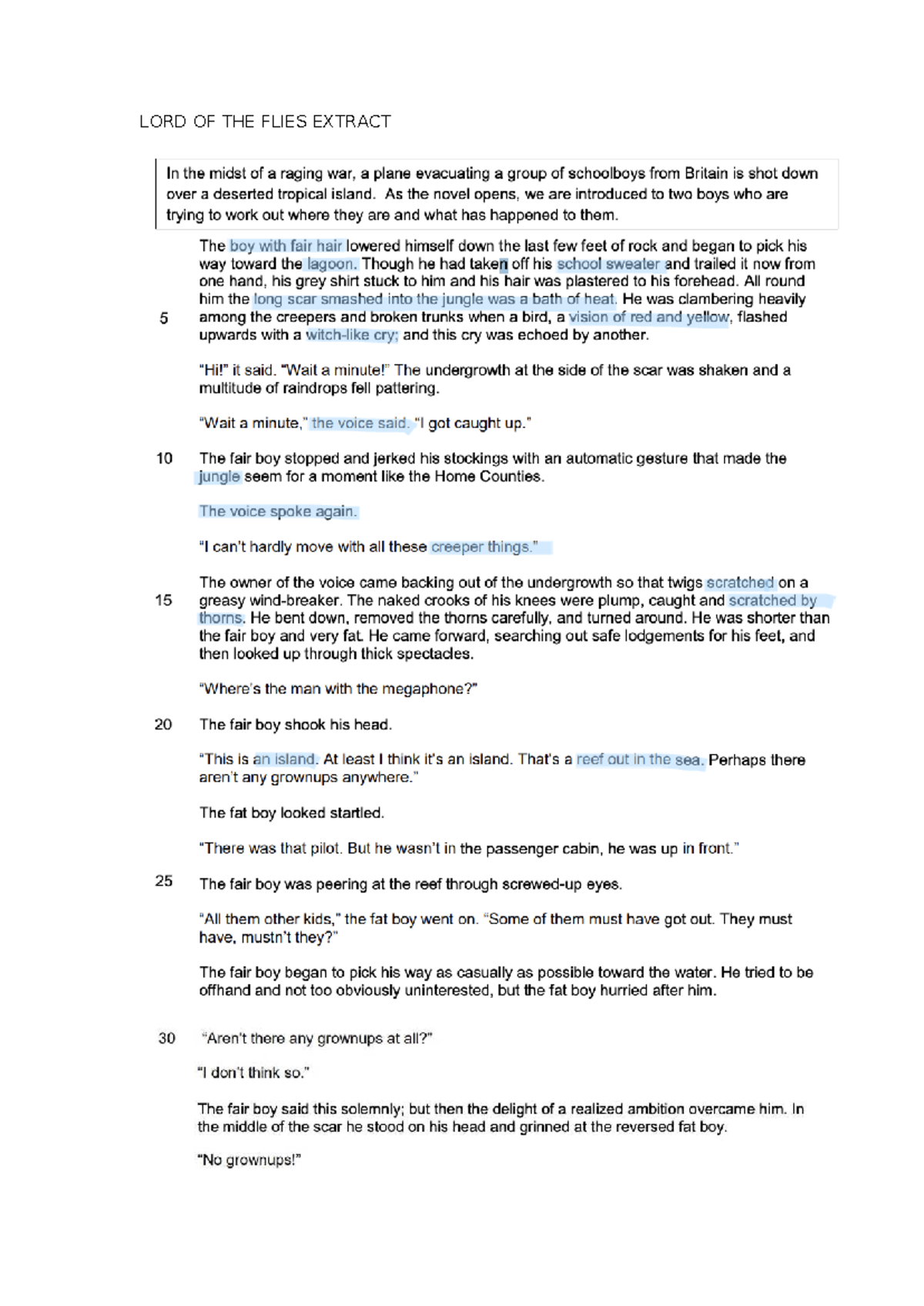 LORD OF THE FLIES: Extract Analysis & Questions (HW) - Studocu