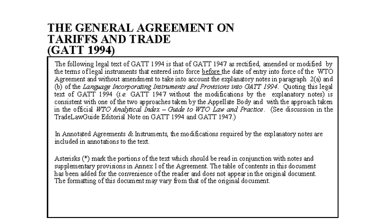 GATT 1994 Legal Text and Annotations (TA) - Studocu