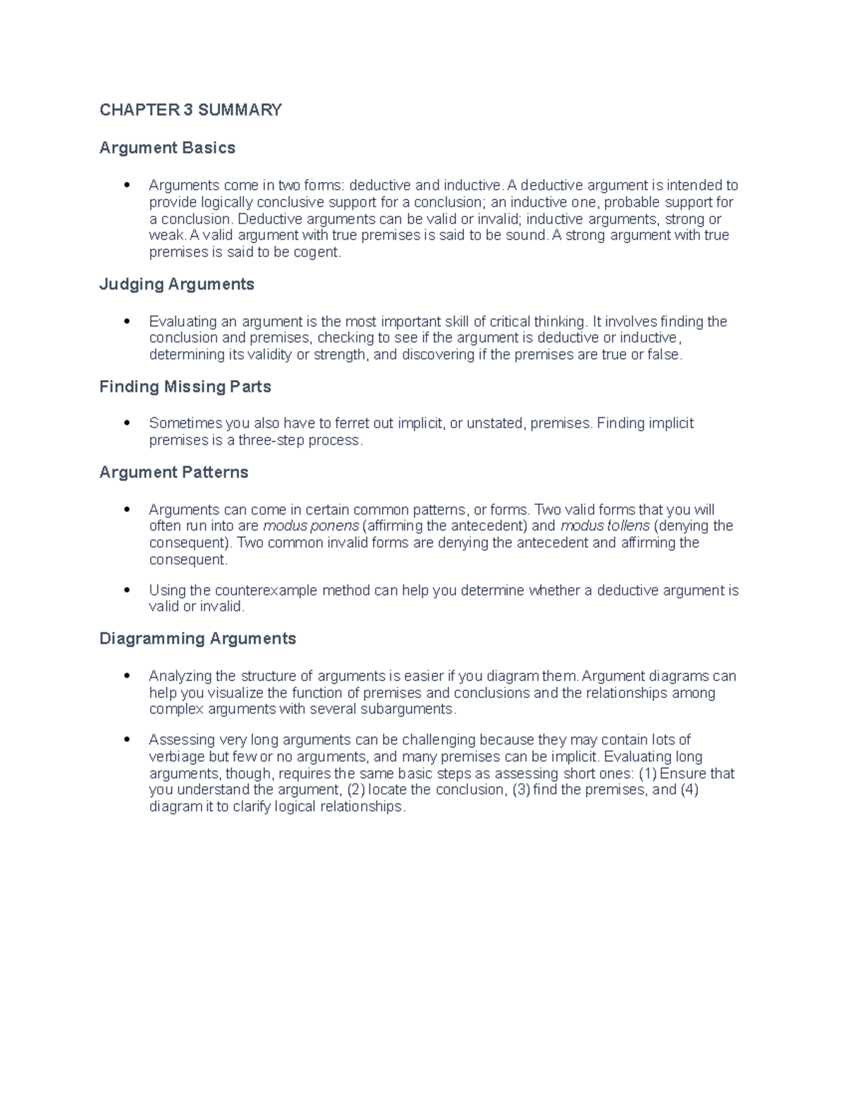 CT Chapter 3 Summary - CHAPTER 3 SUMMARY Argument Basics Arguments come ...