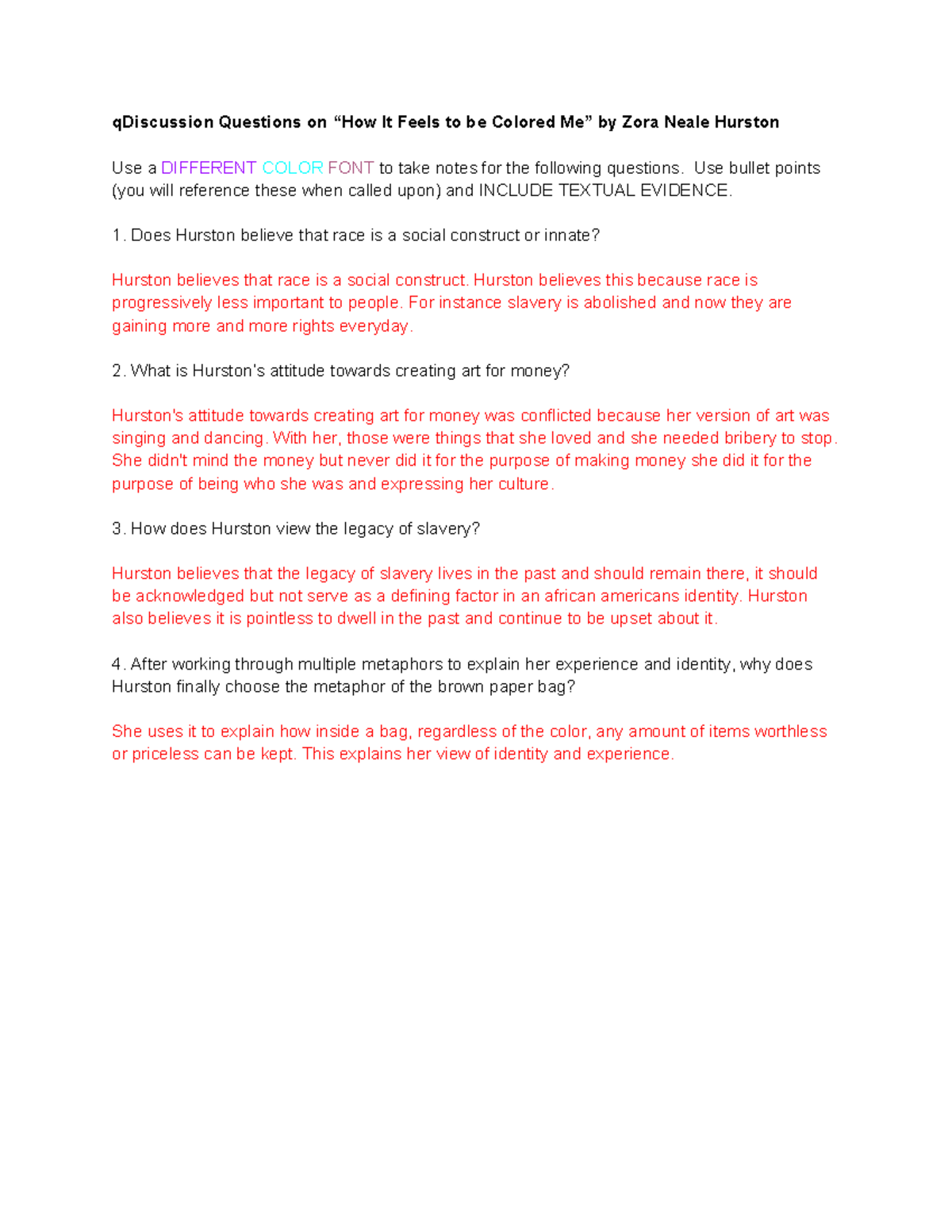 Discussion Questions on "How It Feels to be Colored Me" by Z. Neale ...