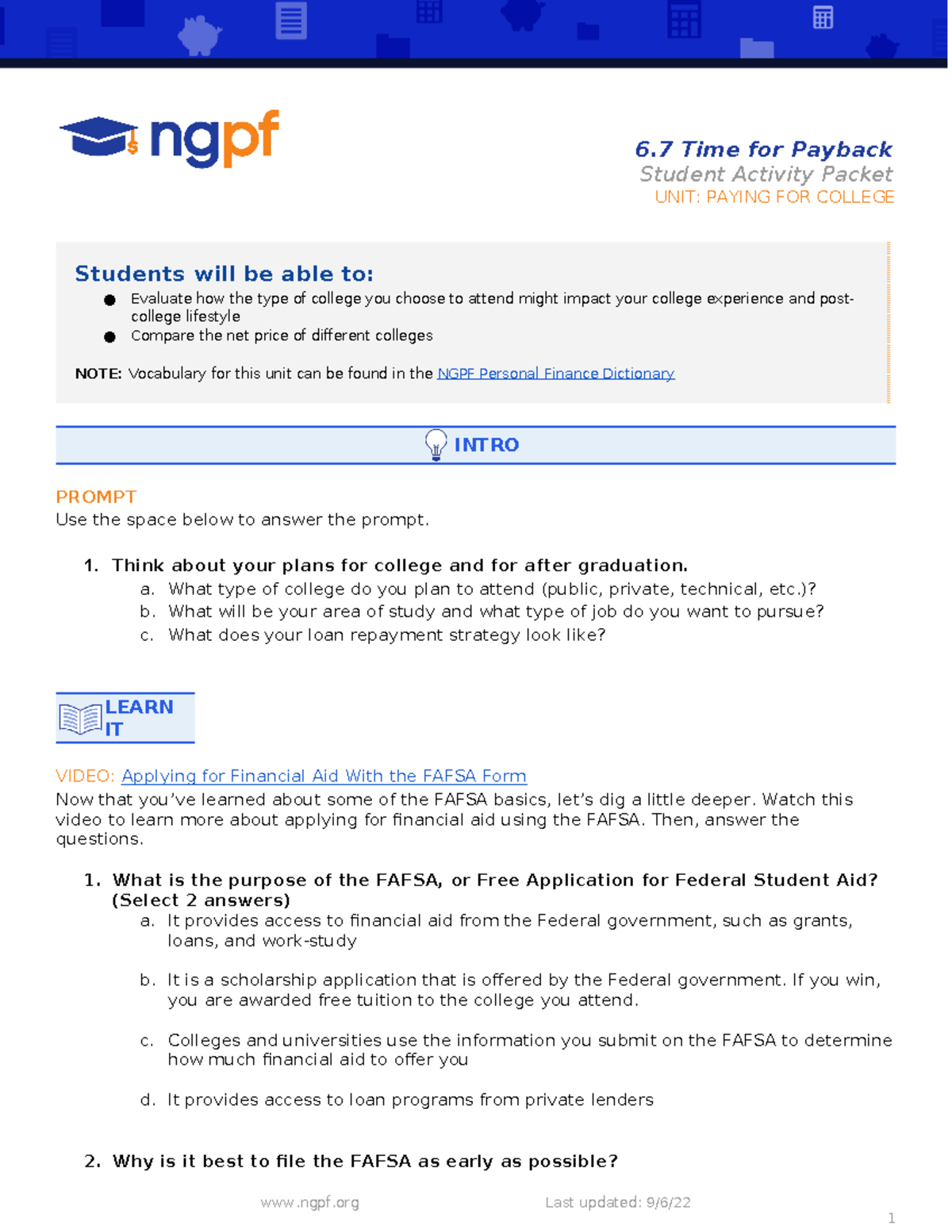 6.7 Student Activity Packet: Paying for College Insights - Studocu