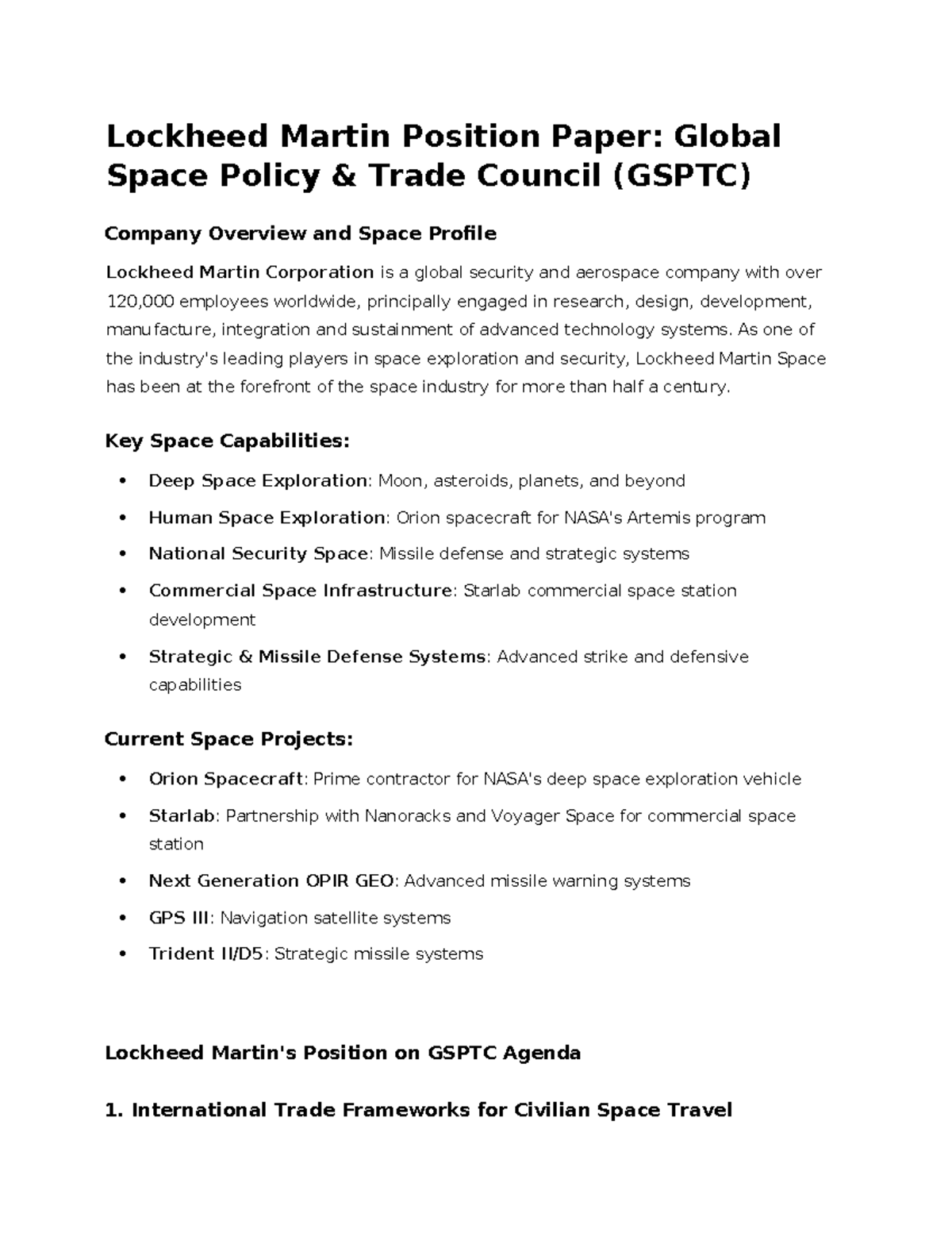 Lockheed Martin GSPTC Position Paper: Global Space Policy Overview ...