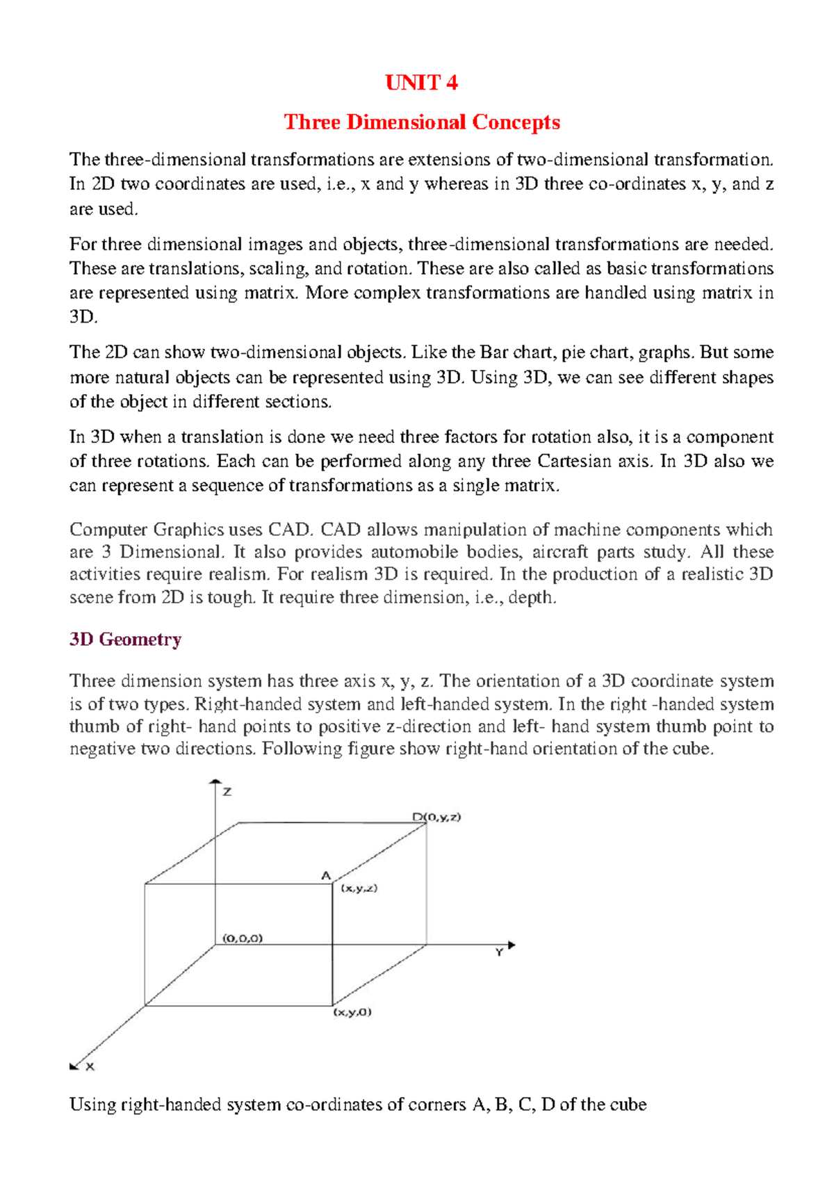CG Unit 4 - Three Dimensional Concepts and Transformations - Studocu