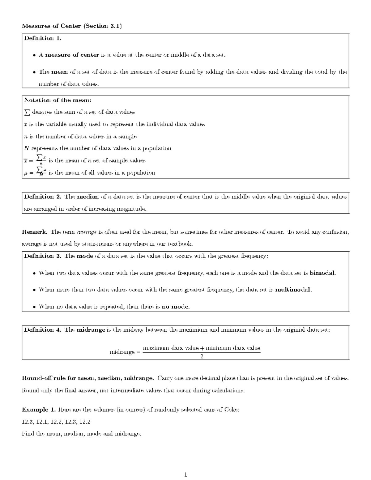 Measures of Center: Mean, Median, Mode - MATH 101 - Studocu